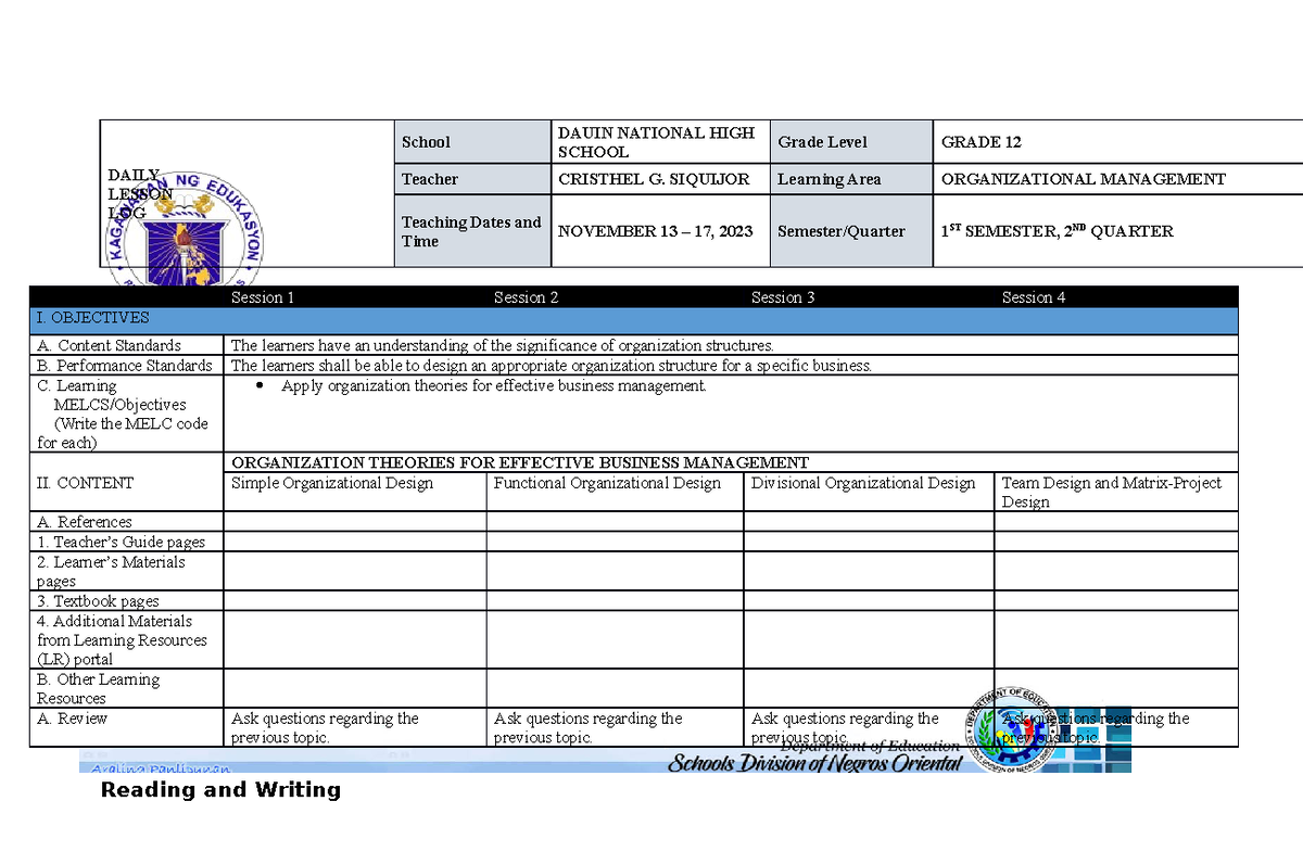 Orgman DLP 01 - Lesson Plan - DAILY LESSON LOG School DAUIN NATIONAL ...