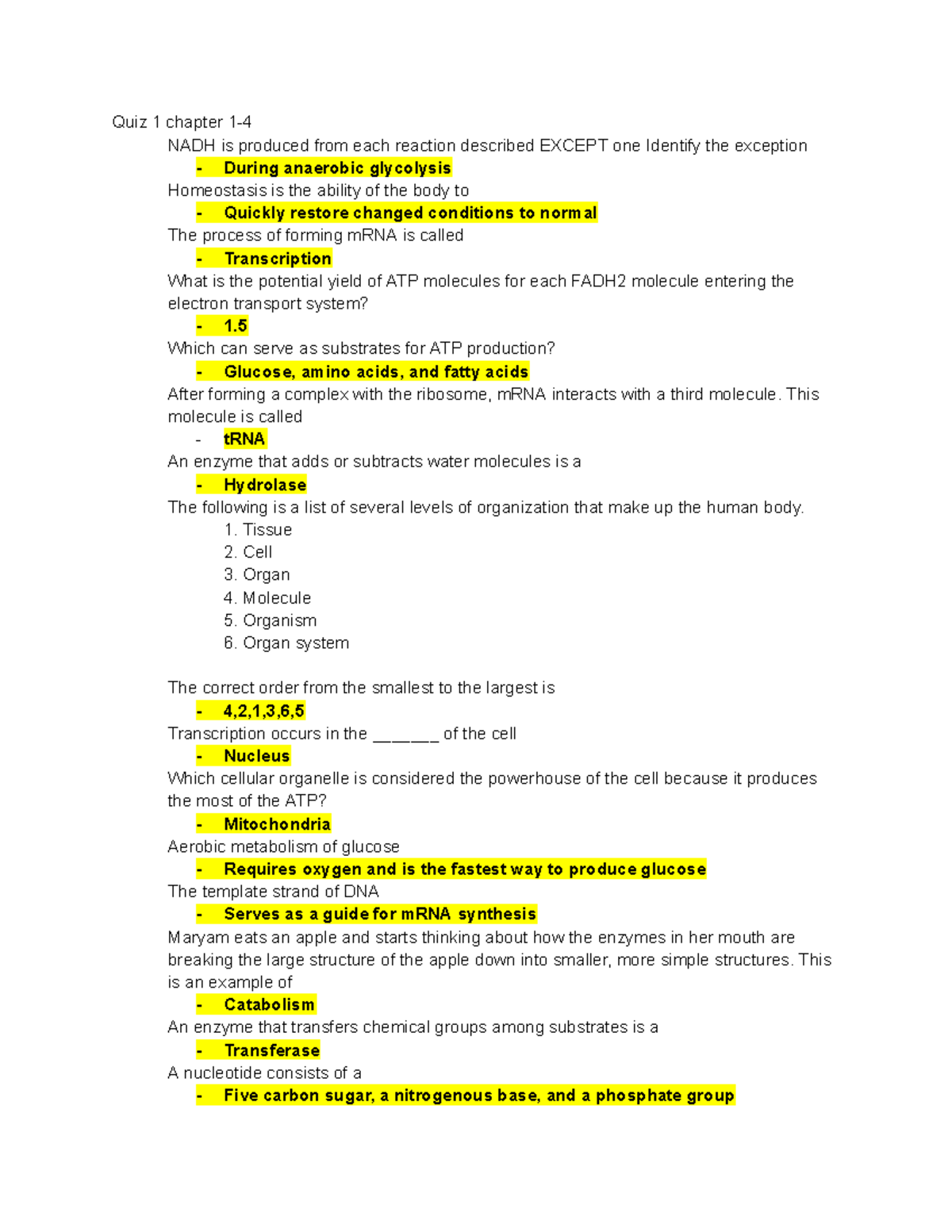 Physio lecture quizzes 1-4 - Quiz 1 chapter 1- NADH is produced from ...