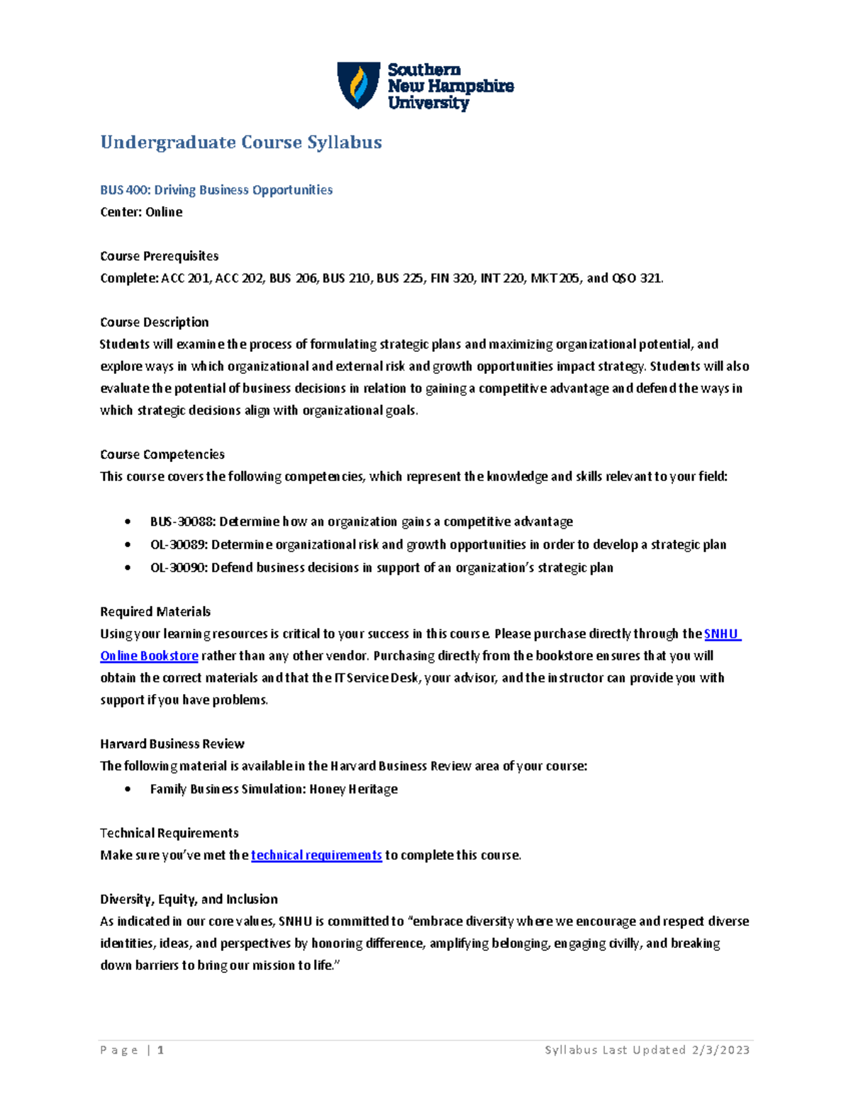 BUS 400 Syllabus - Description of what is needed for this course ...