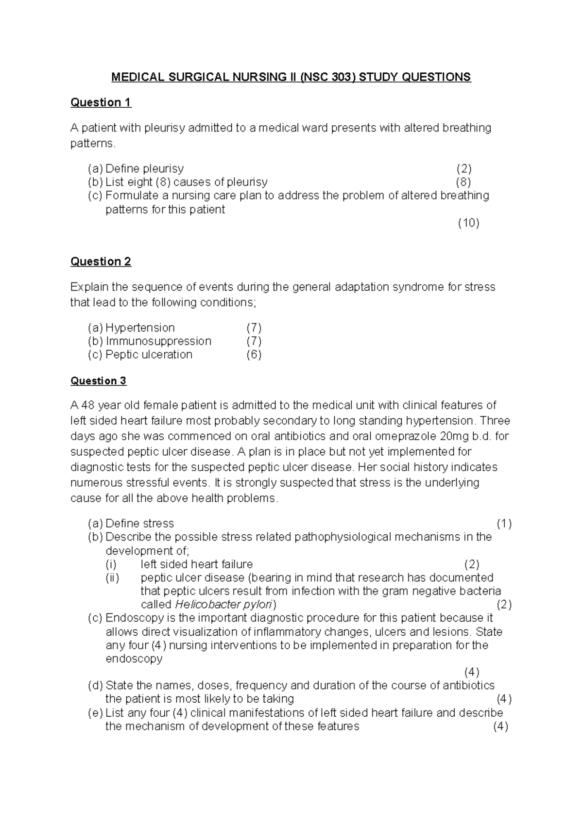 NSC 303 Study Questions - MEDICAL SURGICAL NURSING II (NSC 303) STUDY ...