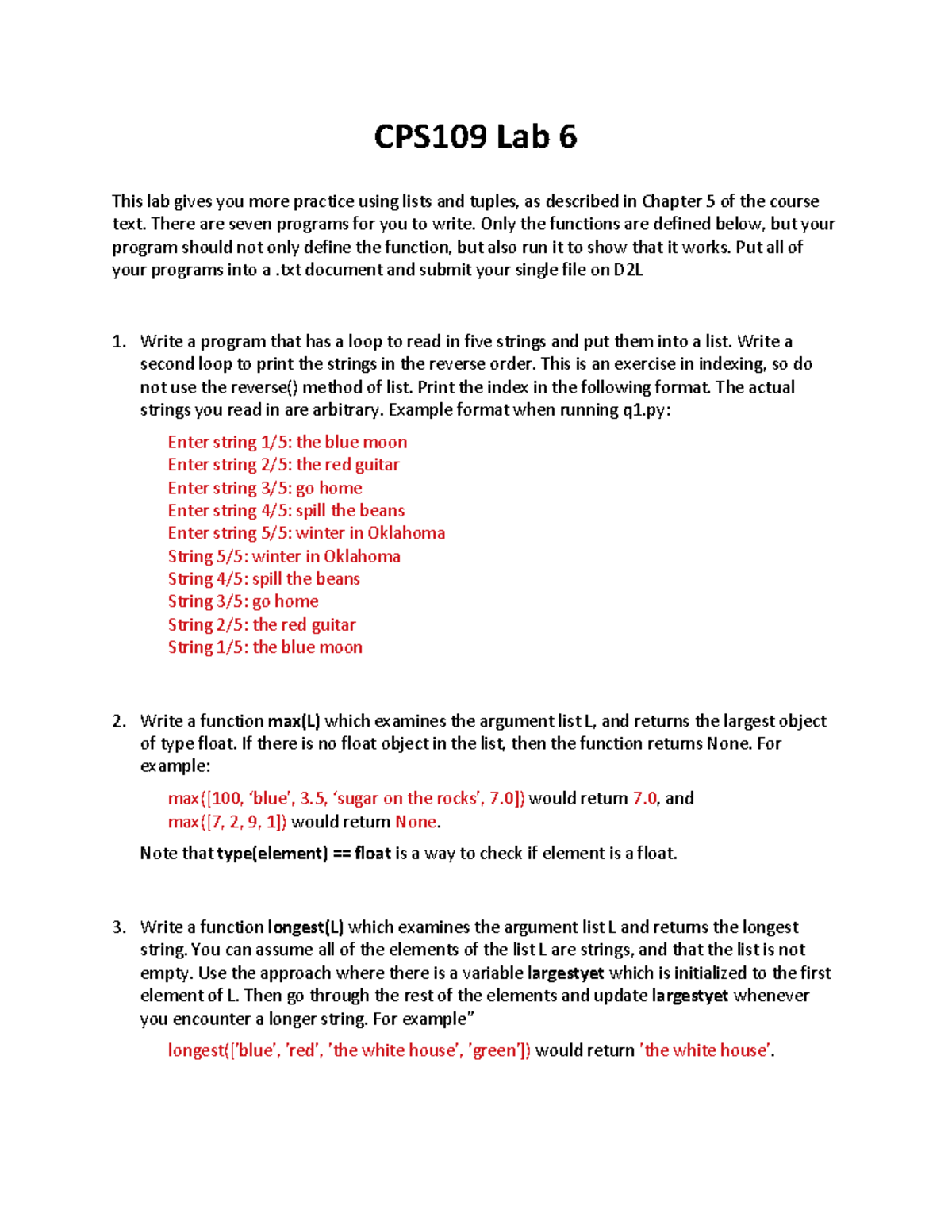 CPS109 Lab 6 - lab6 - CPS 109 Lab 6 This lab gives you more practice ...