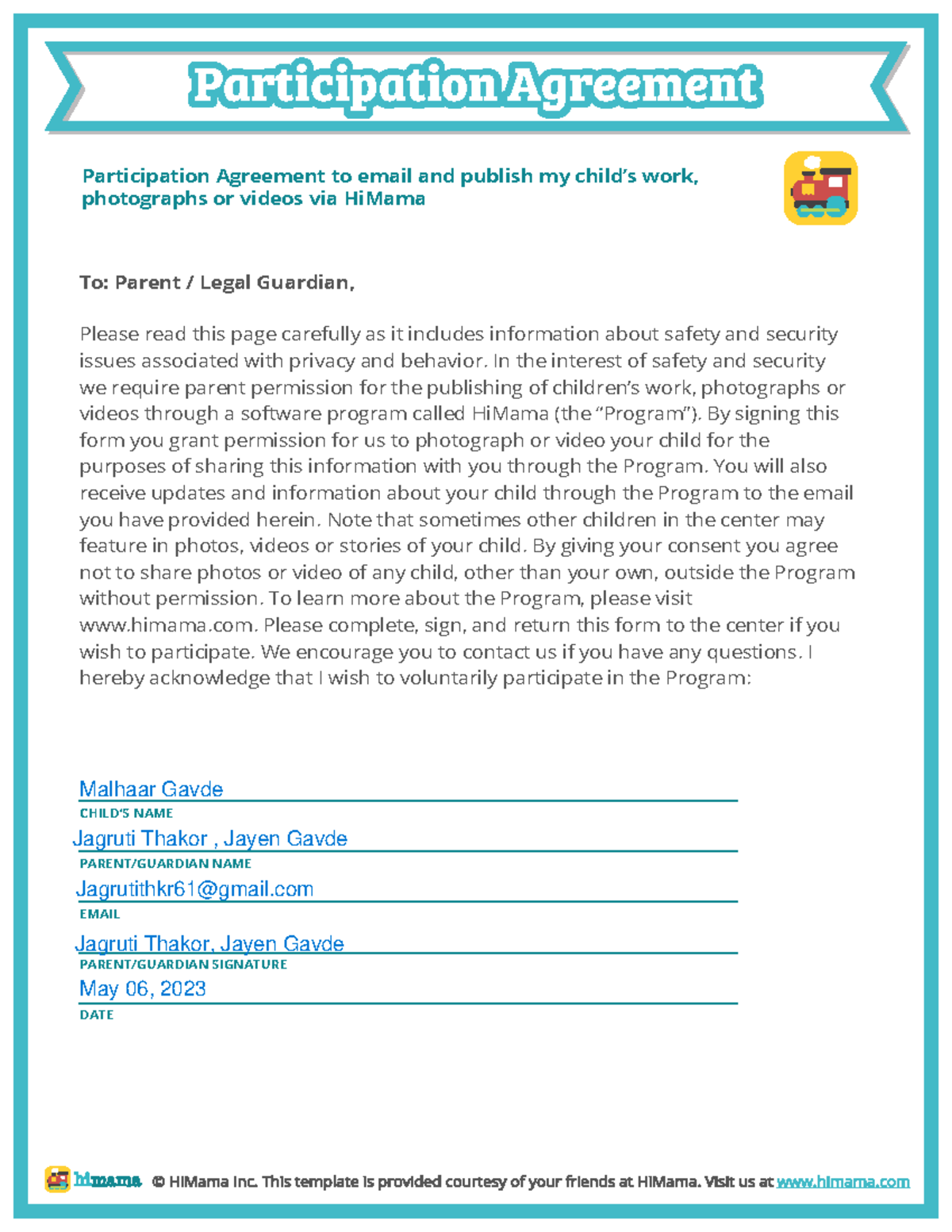 Hi Mama Photo Release Form - Participation AgreementParticipation ...