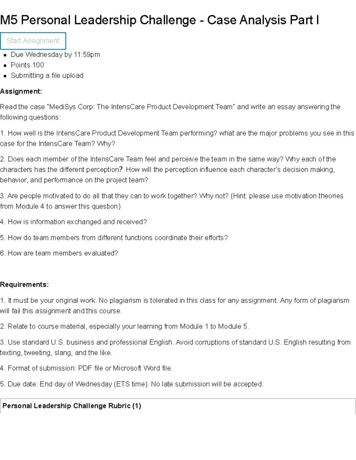 M5 Personal Leadership Challenge - Case Analysis Part I - How well is ...