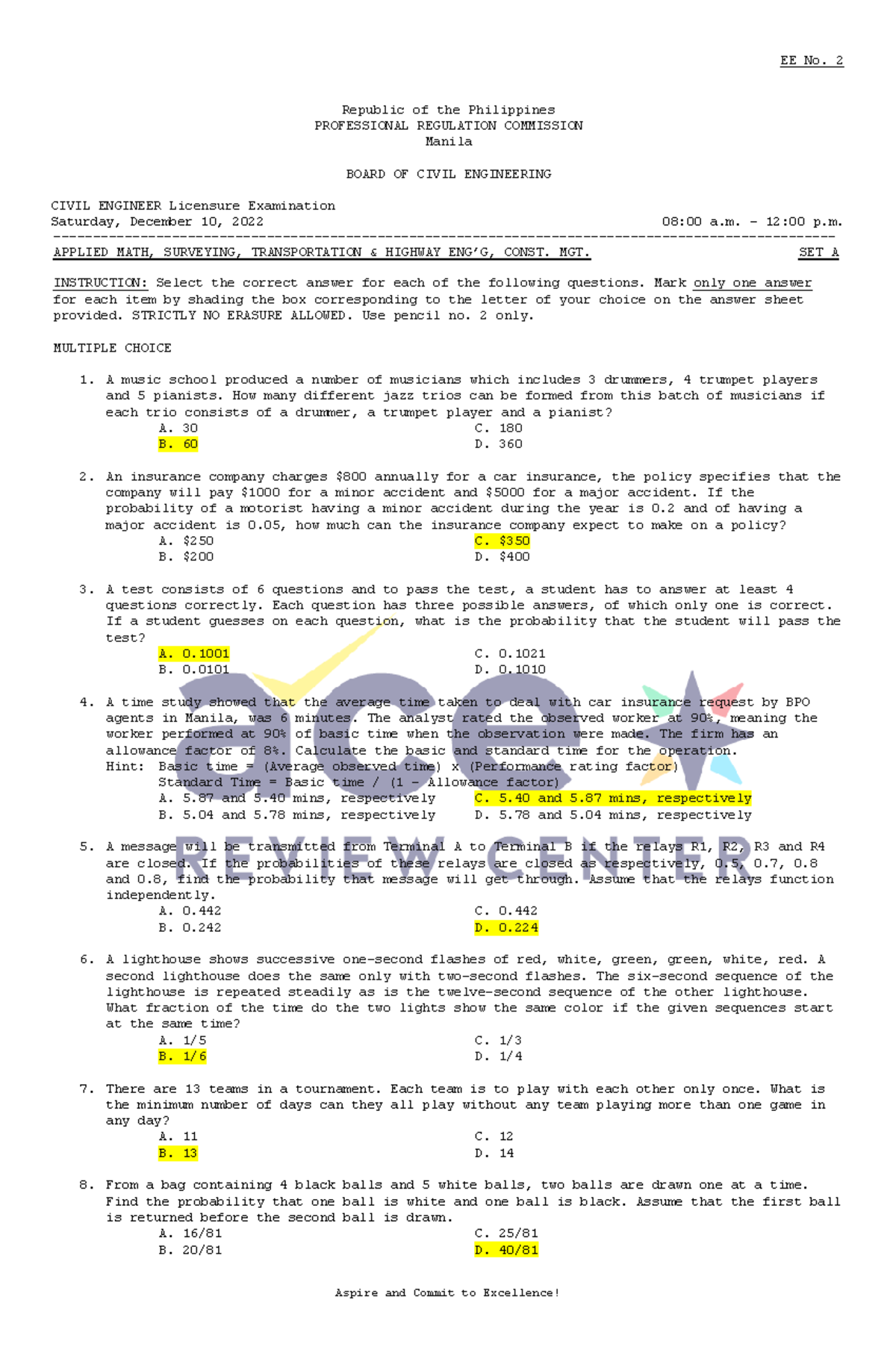 CE Evaluation EXAM No. 2 - Int Calc, DE, Statistics, Physics, Econ ...