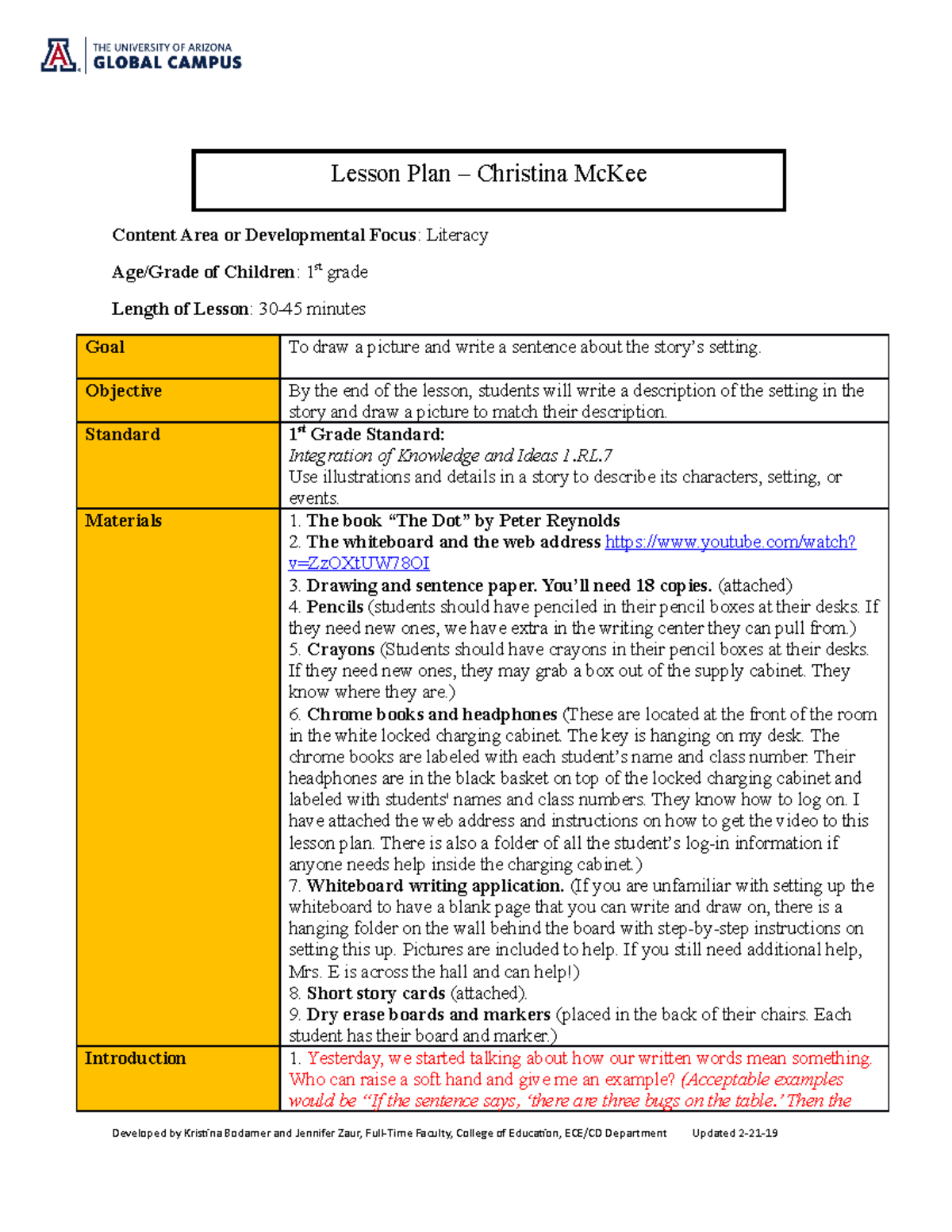 ECE 355 Week 5 Lesson Plan Assignment 1 - Content Area or Developmental ...