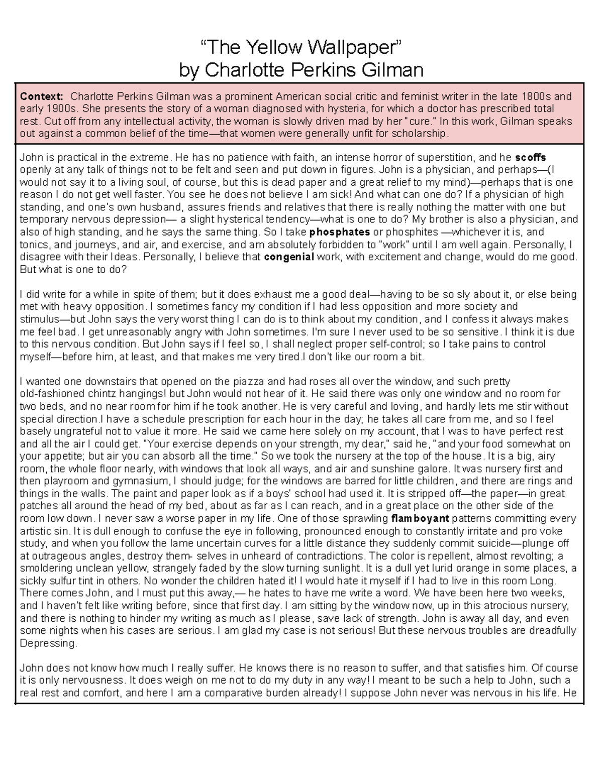 The Yellow Wallpaper - “The Yellow Wallpaper” by Charlotte Perkins ...