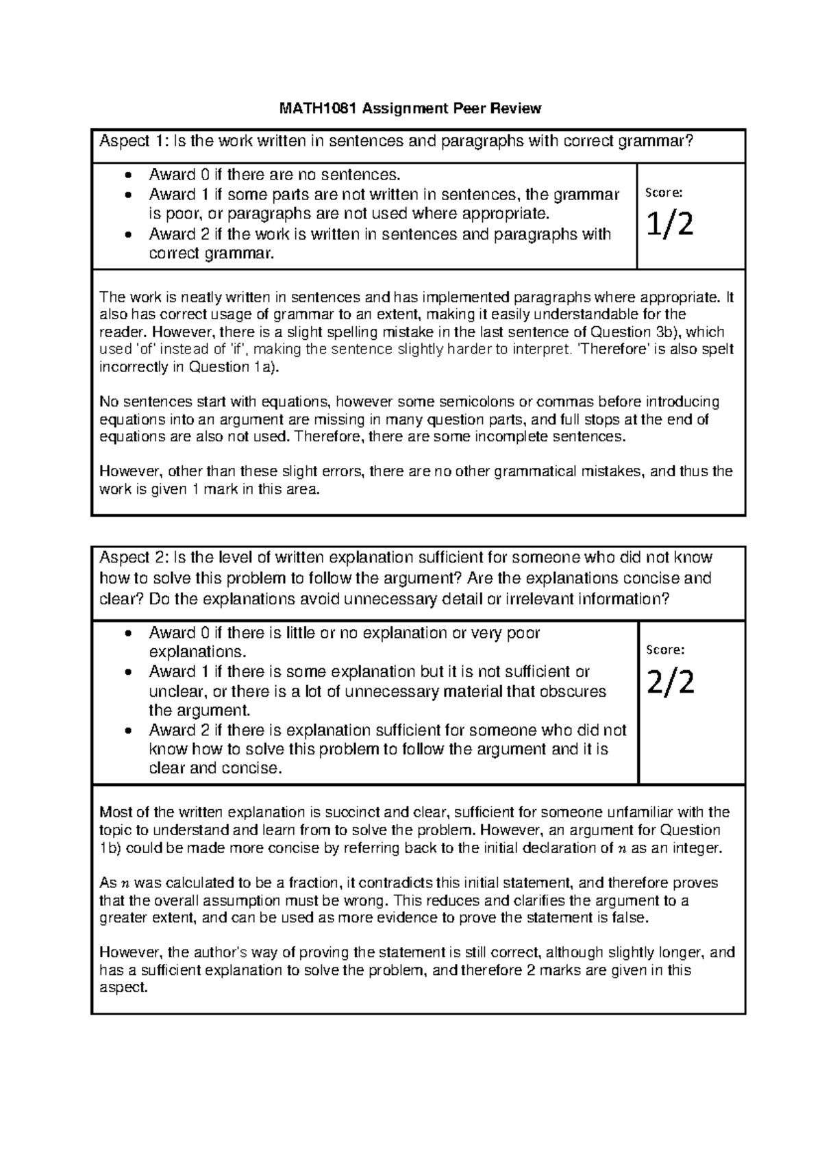 MATH1081 Assignment Peer Review - MATH1081 Assignment Peer Review Aspect 1: Is the work written ...