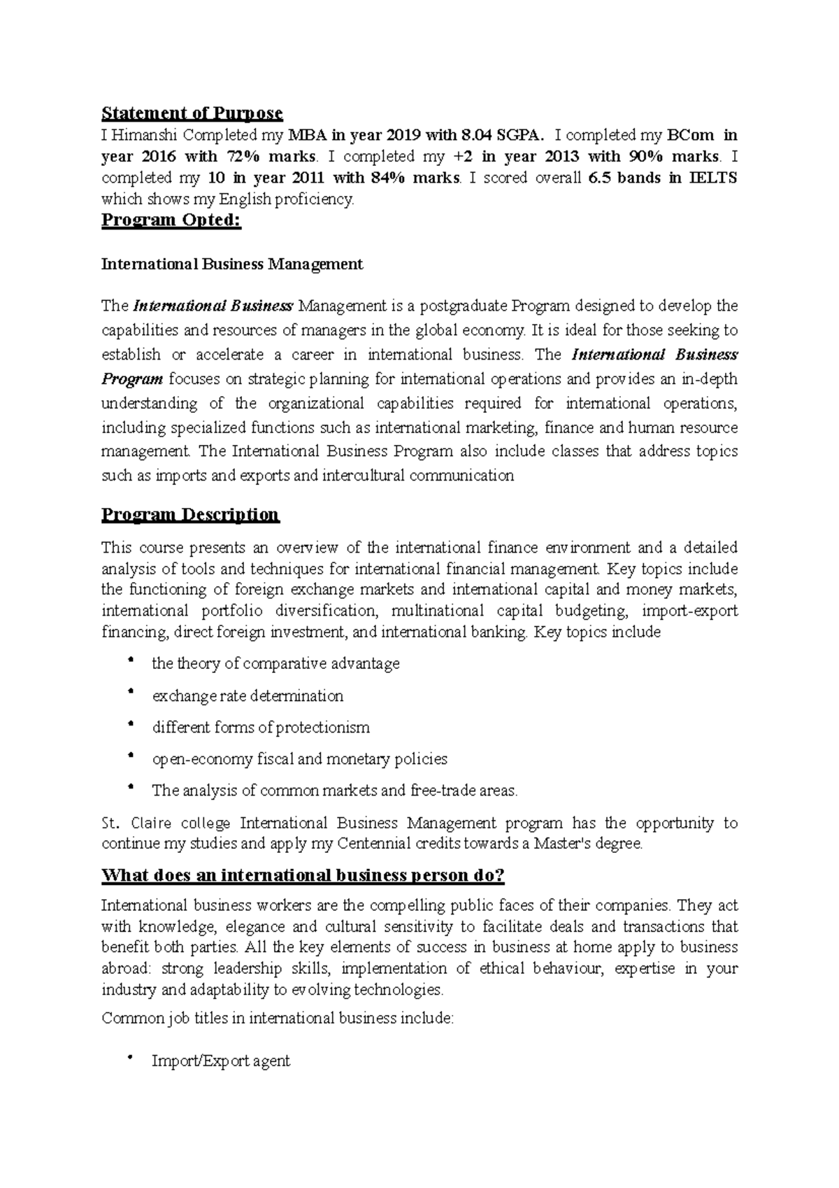 International Business Management- Lambton - Statement of Purpose I ...