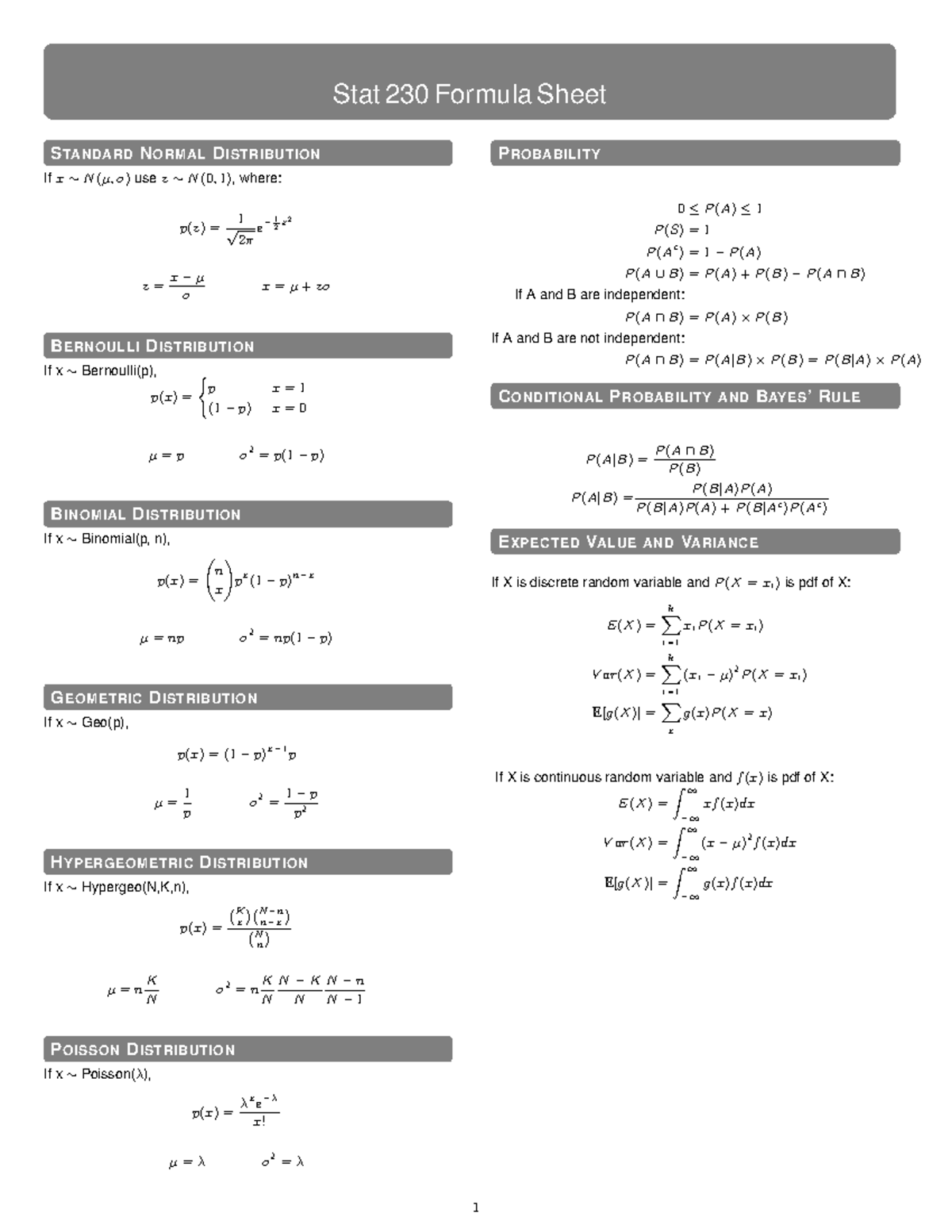 Formula Stat Stat 230 Formula Sheet Standard Normal Distribution If X