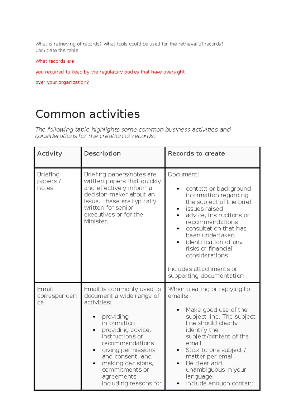 What is retrieving of records - Activity Description Records to create ...