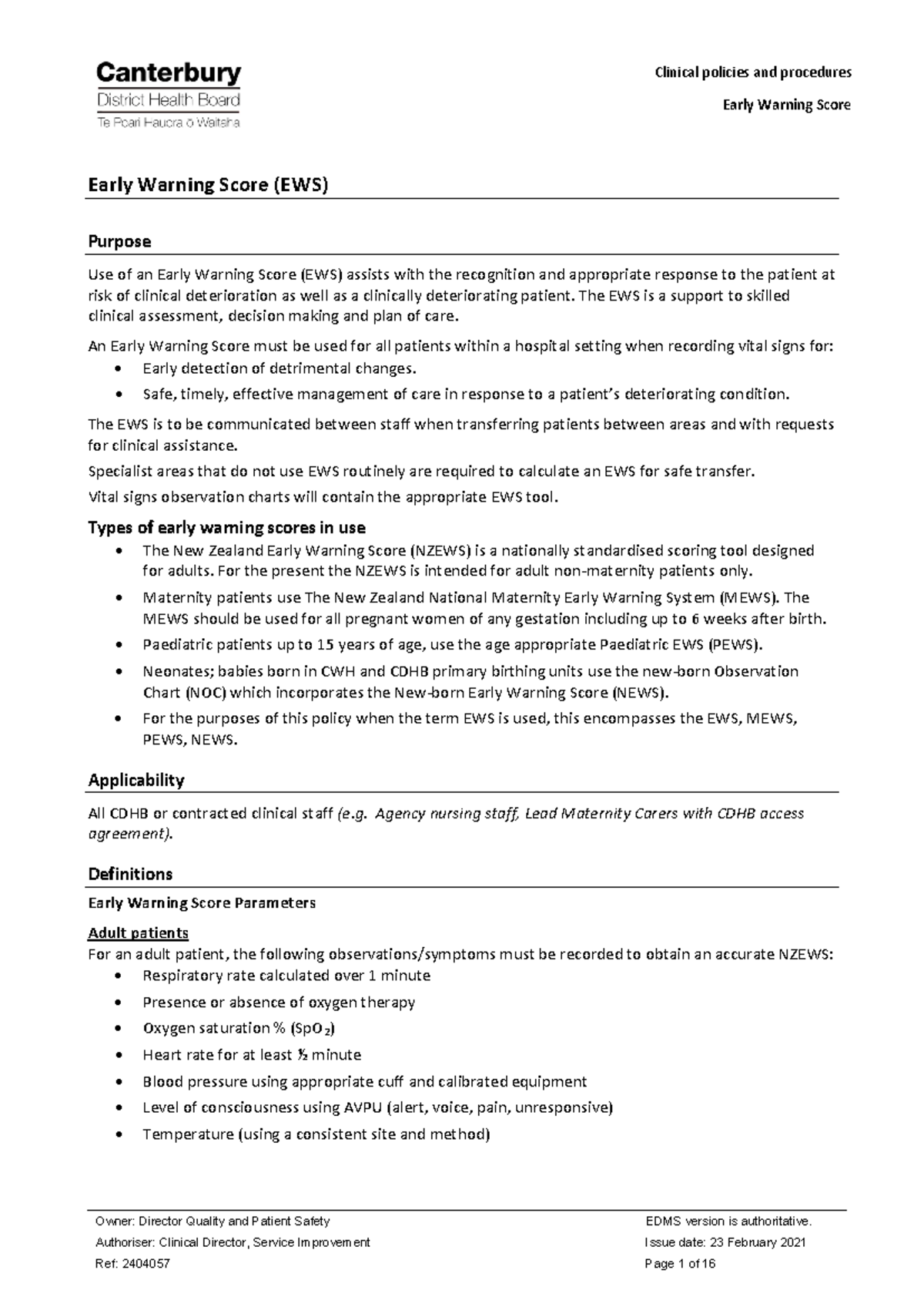 Early Warning Score - a help - Early Warning Score Owner: Director ...