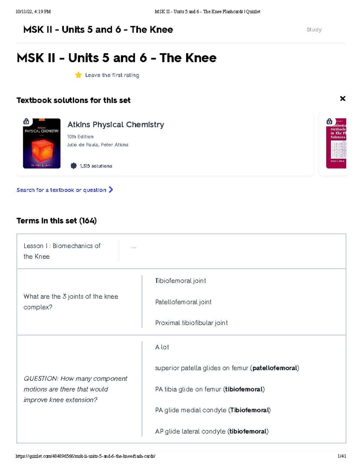 Knee msk2 - NOTES - MSK II - Units 5 and 6 - The Knee Leave the first ...