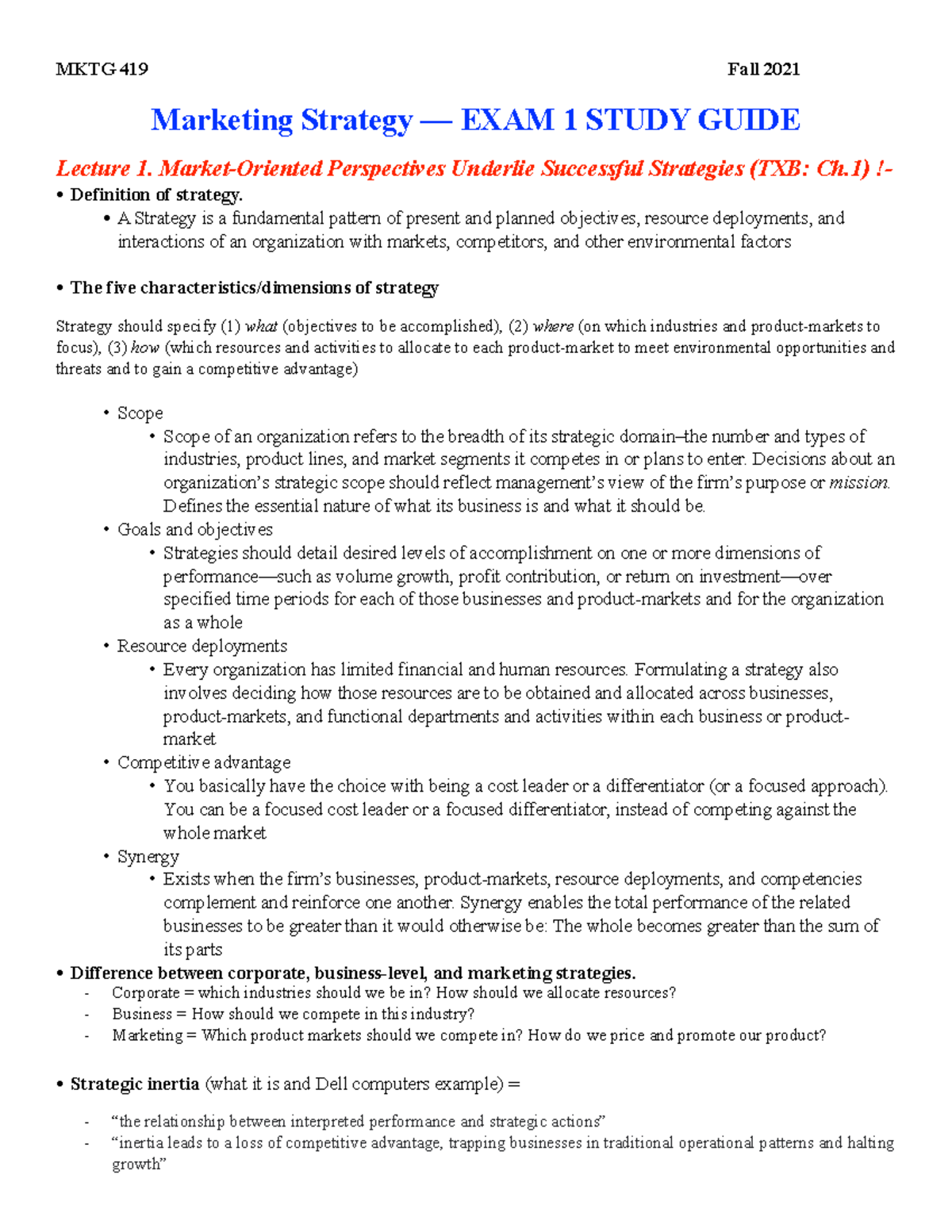 Marketing strategy course study guide - MKTG 419 Fall 2021 Marketing ...