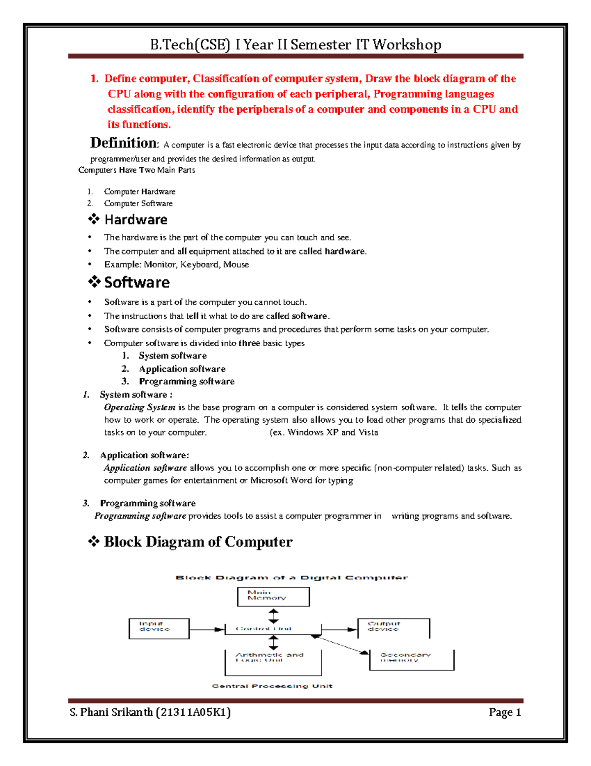 1. ITWS record 2022 - 1. Define computer, Classification of computer system, Draw the block ...
