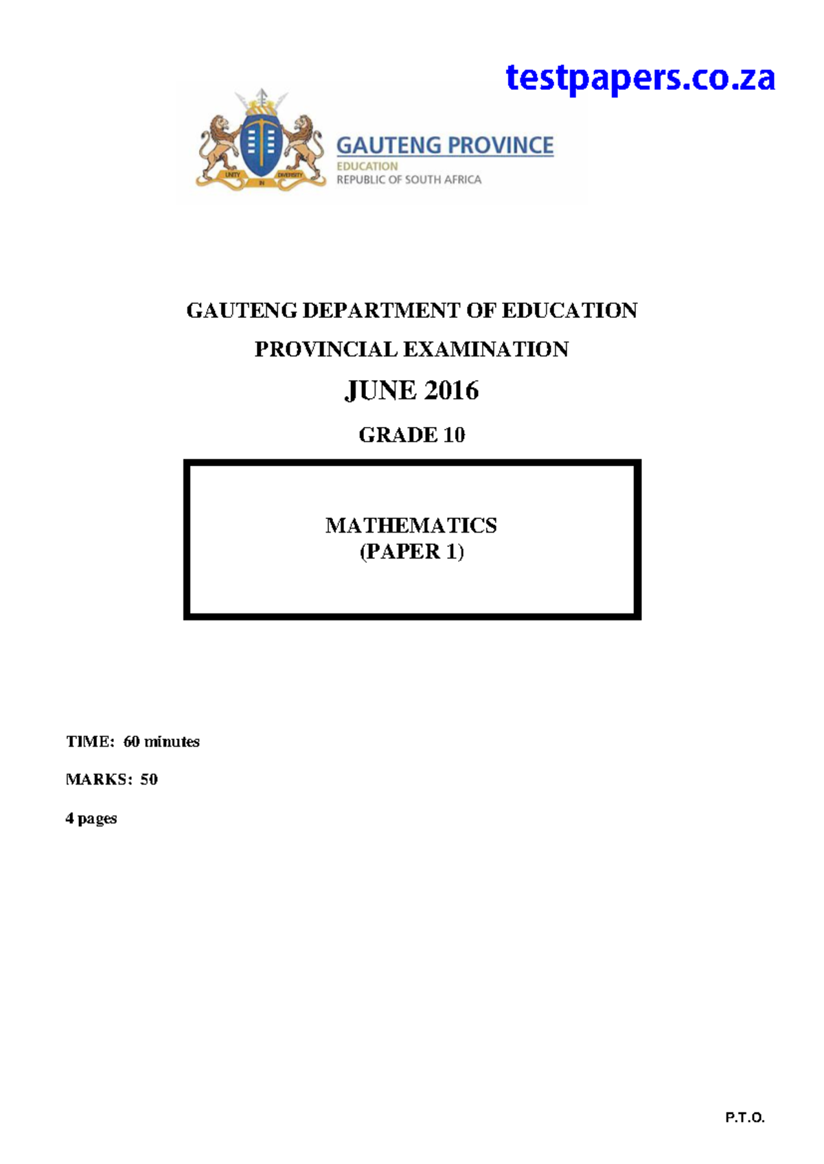 Gr10 Math P1 (English) June 2016 Question Papers - P.T. GAUTENG DEPARTMENT OF EDUCATION ...