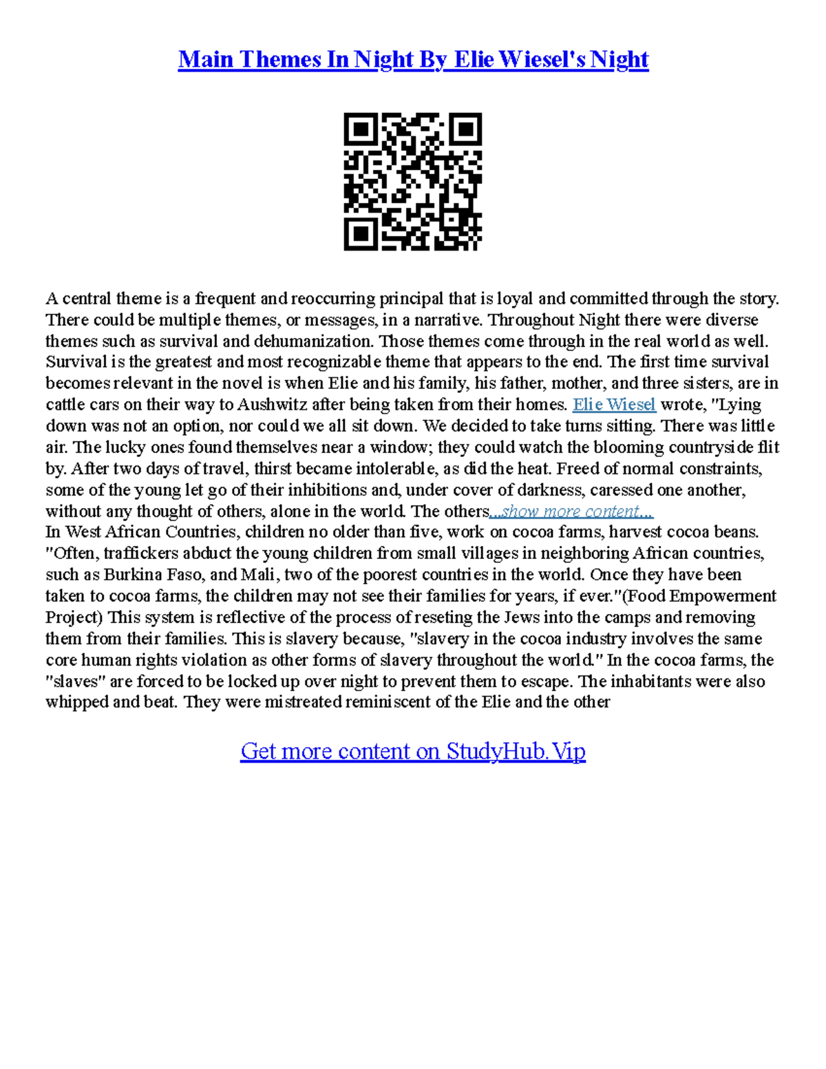 Night By Elie Wiesel Essay Topics - Main Themes In Night By Elie Wiesel ...