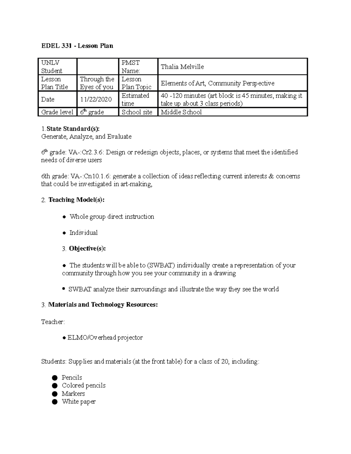 Lesson Plan II - EDEL 331 - Lesson Plan UNLV Student PMST Name: Thalia ...