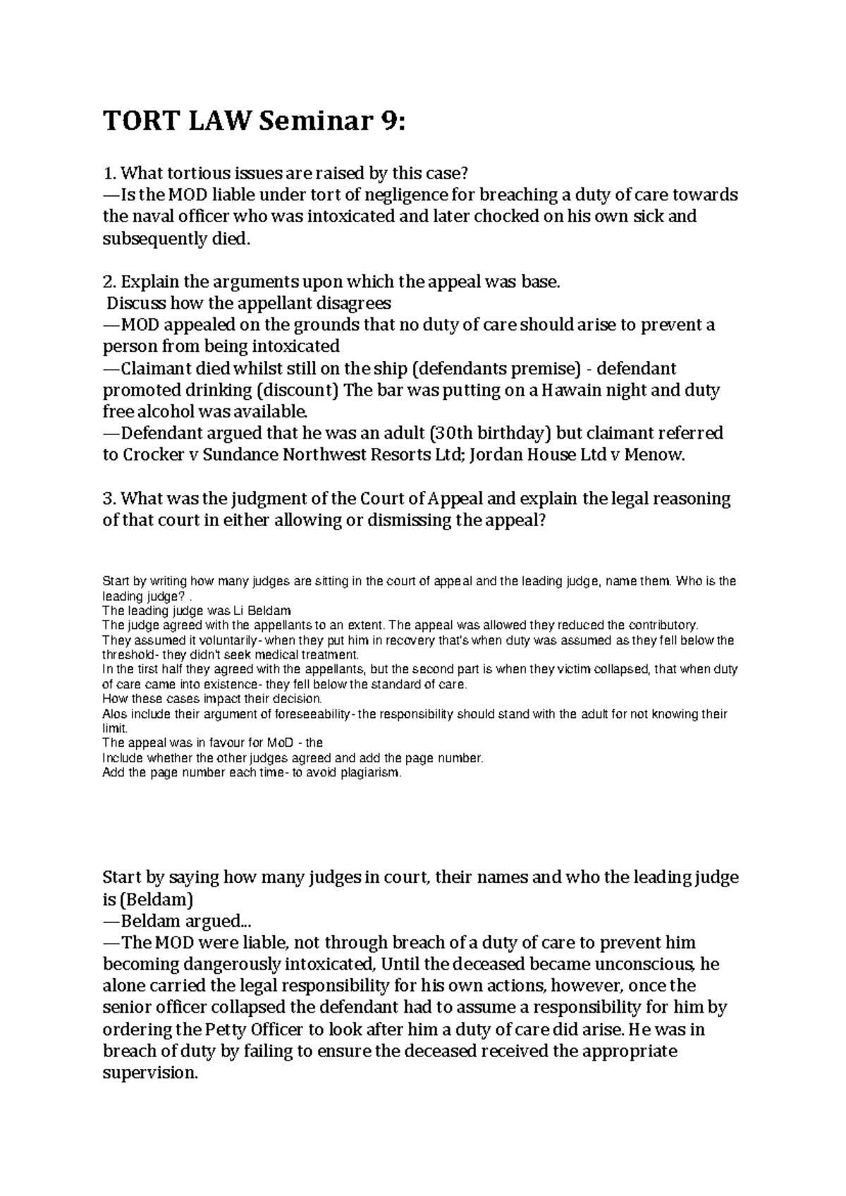 Tort Law seminar 9 - Note - TORT LAW Seminar 9: 1. What tortious issues ...
