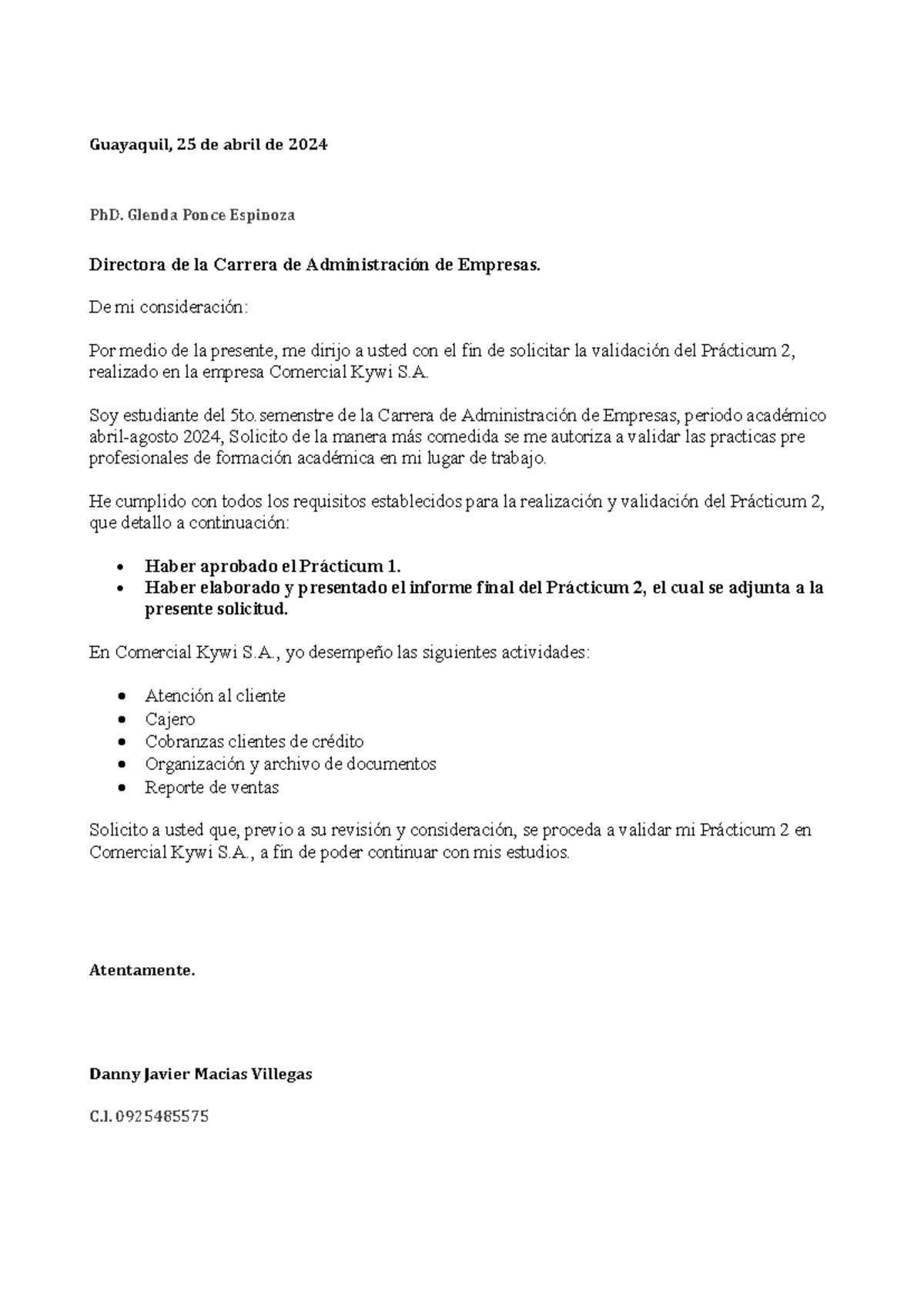Carta - Guayaquil, 25 de abril de 2024 PhD. Glenda Ponce Espinoza ...