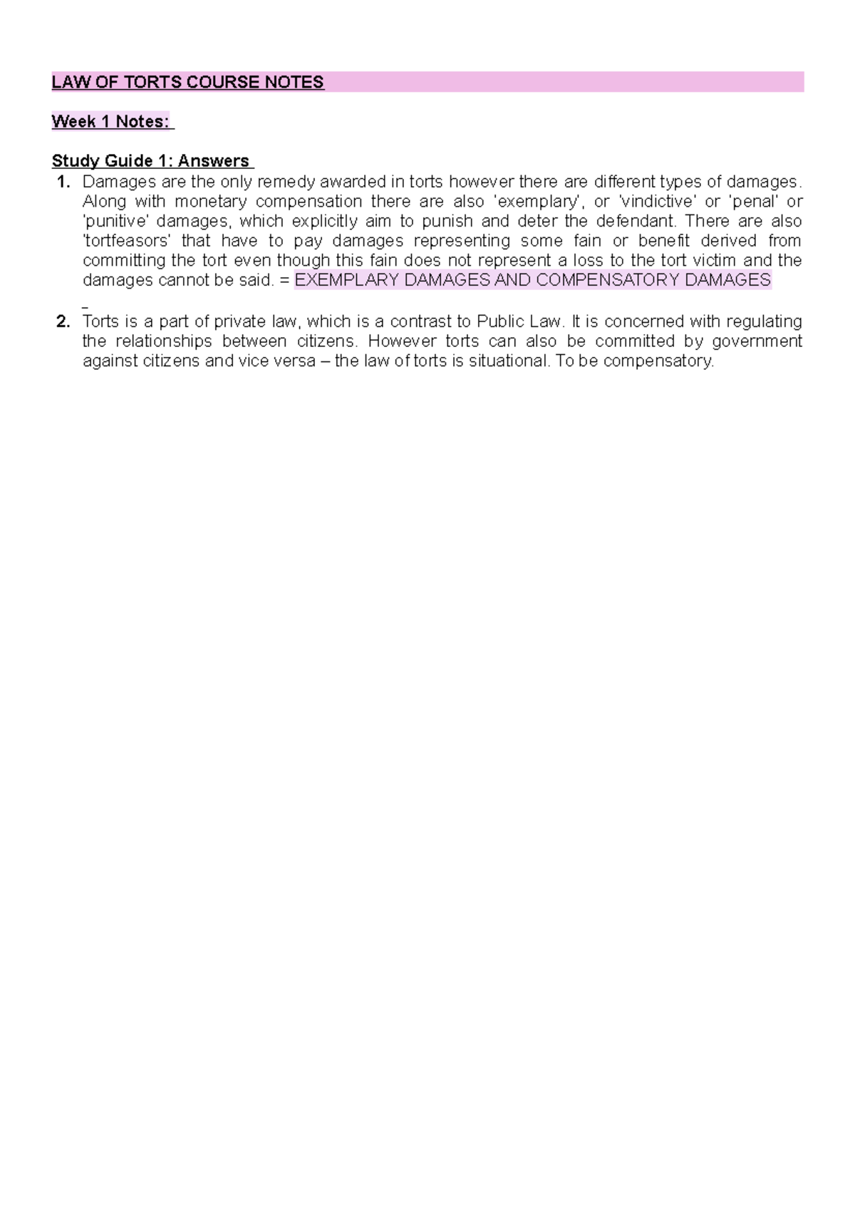 Course notes 2702 - LAW OF TORTS COURSE NOTES Week 1 Notes: Study Guide ...
