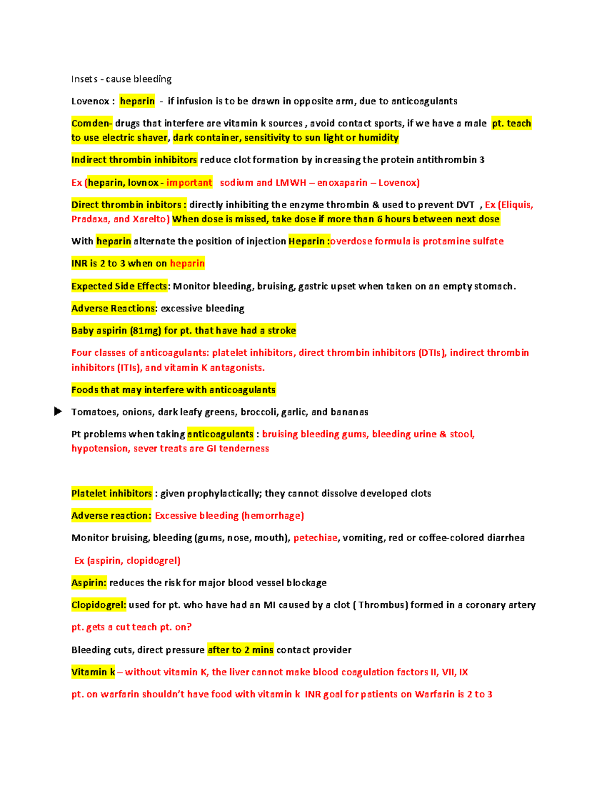 Pharm 14 - med map - Insets - cause bleeding Lovenox : heparin - if ...