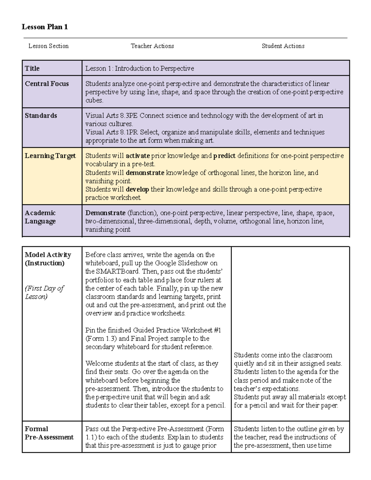 D185 Lesson Plan - Lesson Plan 1 Lesson Section Teacher Actions Student ...