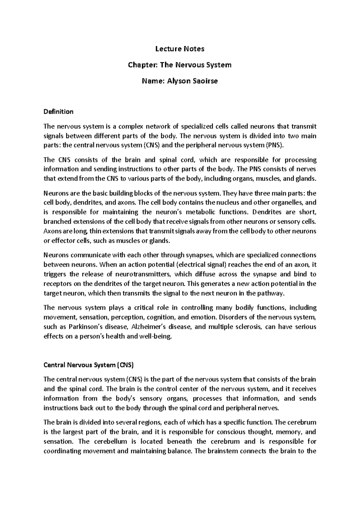 Lecture Notes Nervous System Biology - Lecture Notes Chapter: The ...