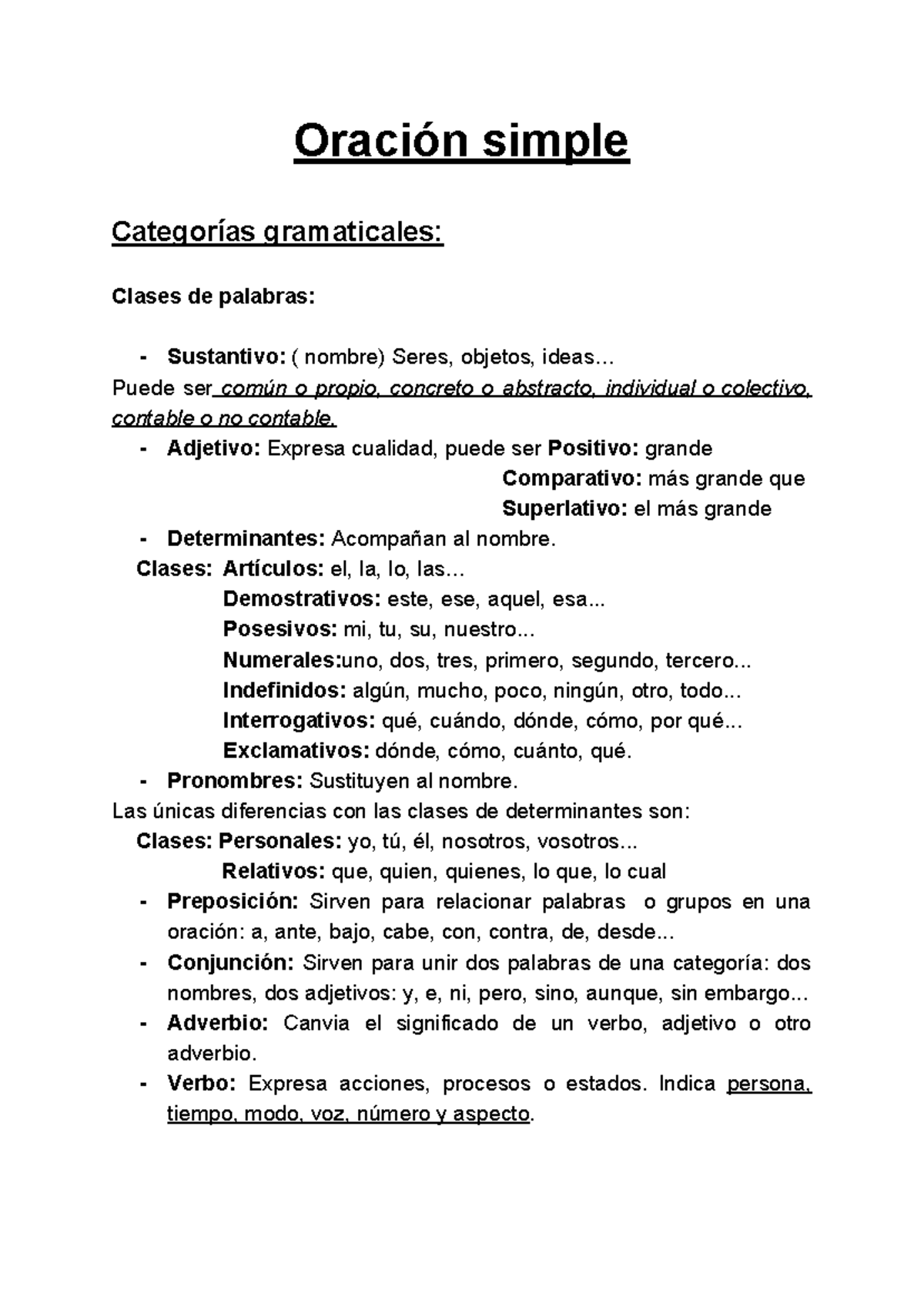 Resumen oración simple Bernat Carnota - Oración simple Categorías gramaticales: Clases de ...