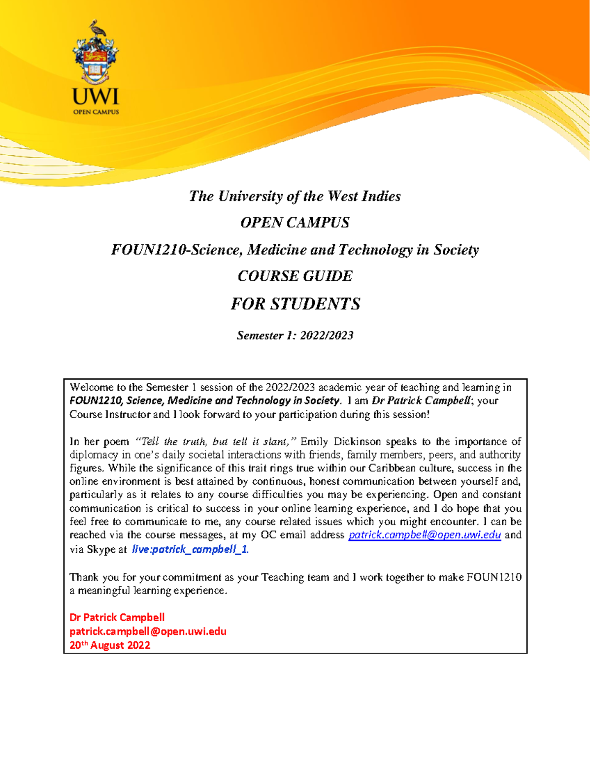 Student Course Guide 2022-23 Semester 1 - Economies of Sports - UWI ...