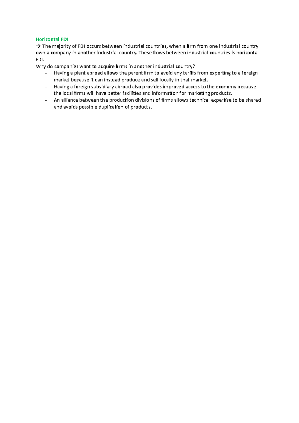 Horizontal FDI - Lecture notes 3-6 - Horizontal FDI The majority of FDI ...