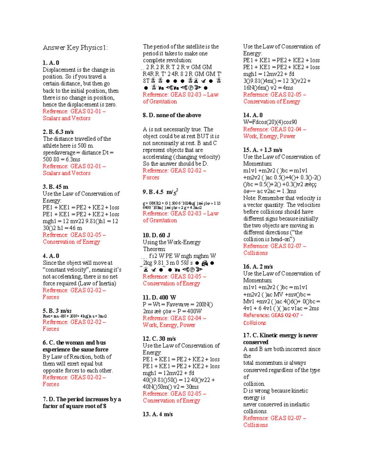Physics 1 practice Problem with Answer Key - Answer Key Physics1: 1. A ...