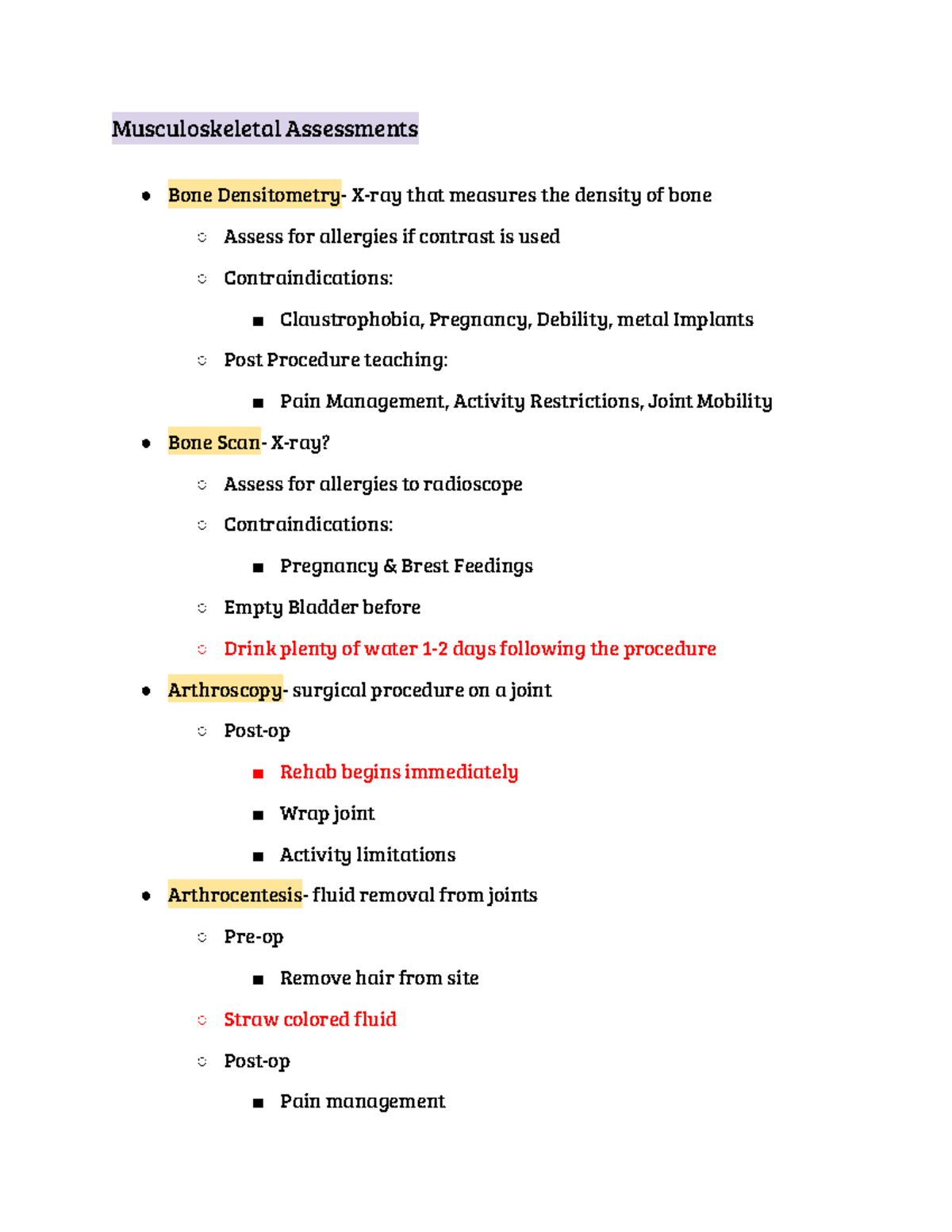 Med Surg II Exam 3 - Musculoskeletal Assessments Bone Densitometry- X-ray that measures the ...
