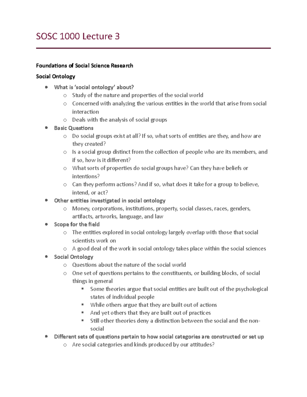SOSC 1000 Lecture 3 - sosc 1000 - SOSC 1000 Lecture 3 Foundations of Social Science Research ...