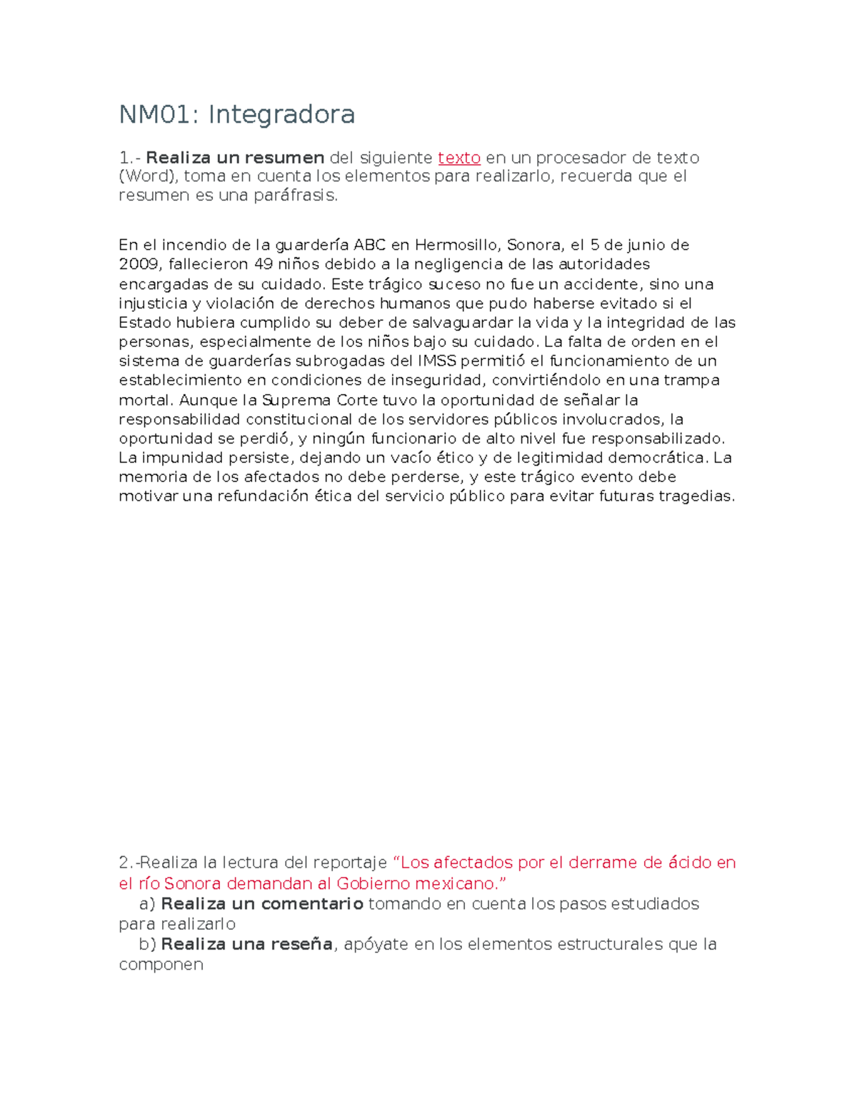 NM01 Integradoraa - NM01: Integradora 1.- Realiza un resumen del siguiente texto en un ...