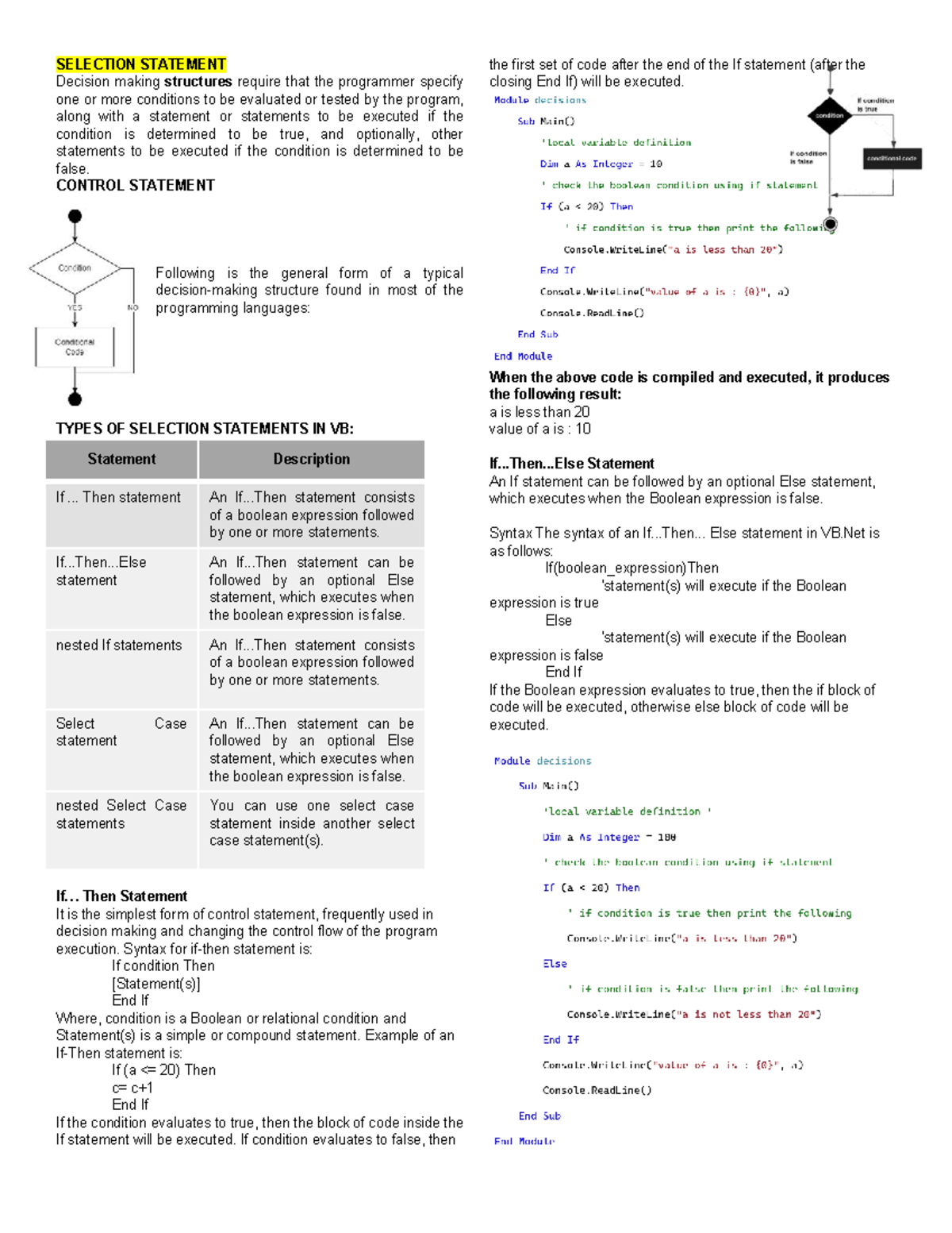 Computer Application FOR AB Engineering - Intro TO Visual Basics - SELECTION STATEMENT Decision ...