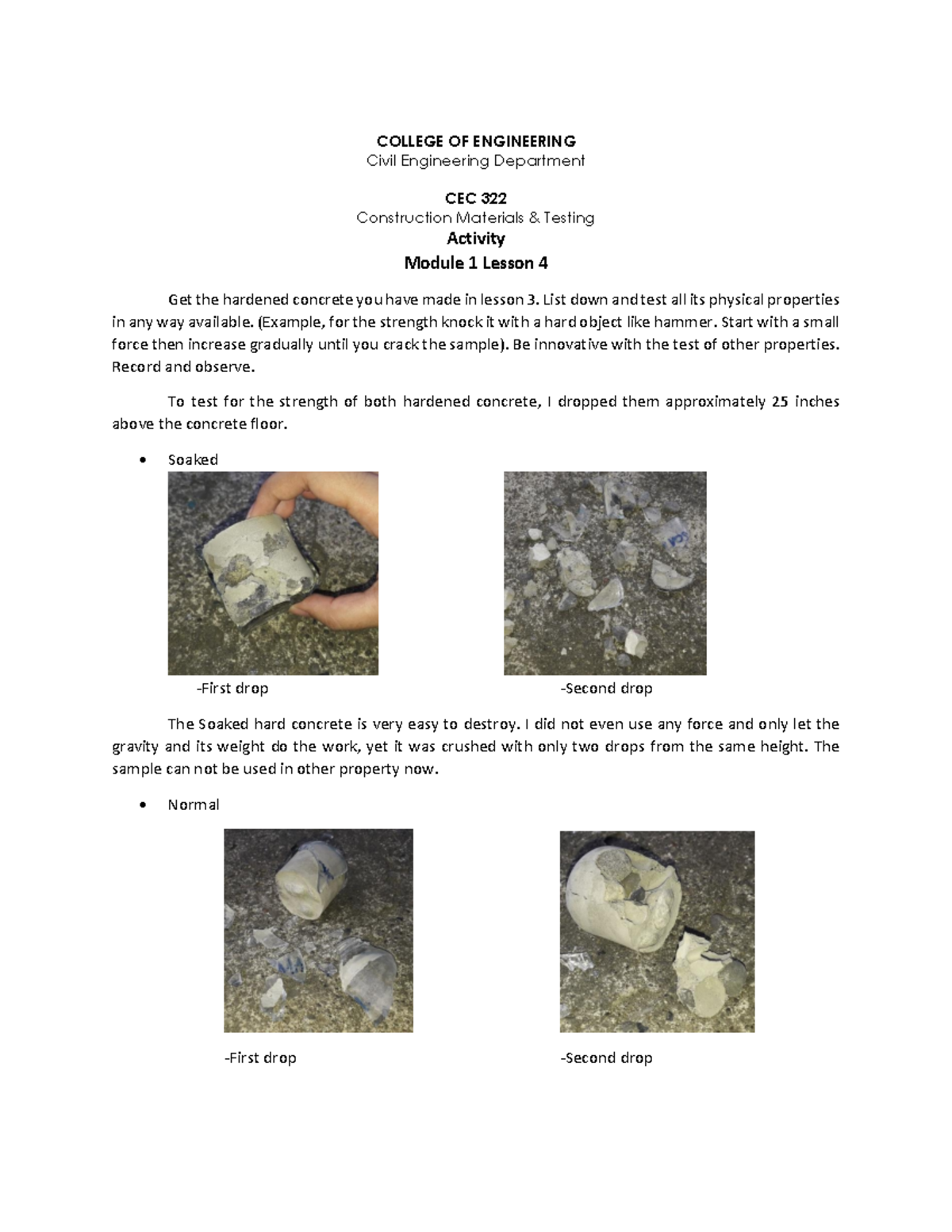 CEC322 Module 1Activity 4 - COLLEGE OF ENGINEERING Civil Engineering Department CEC 322 ...