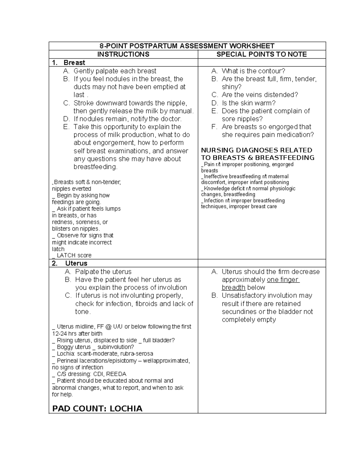 postpartum-assessment - 8-POINT POSTPARTUM ASSESSMENT WORKSHEET ...