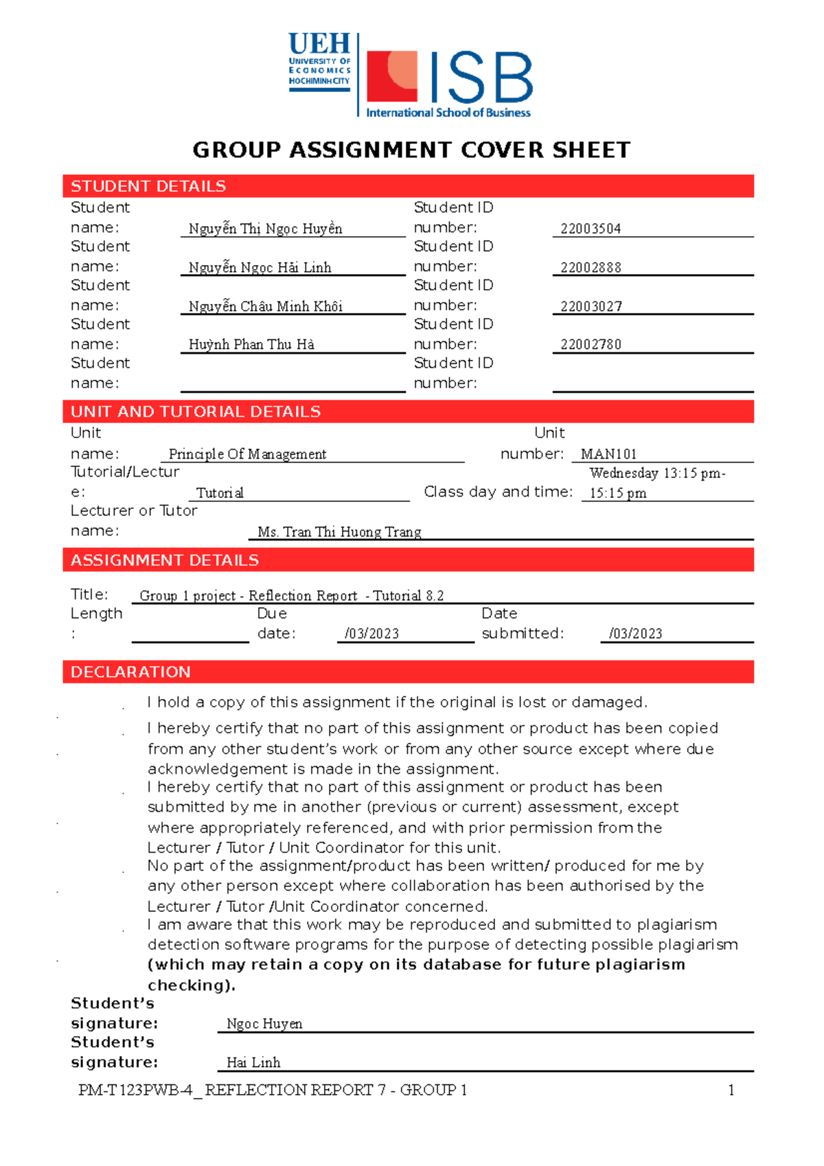 Group 1 Principles of Management Reflection report Tutorial 8 - GROUP ...