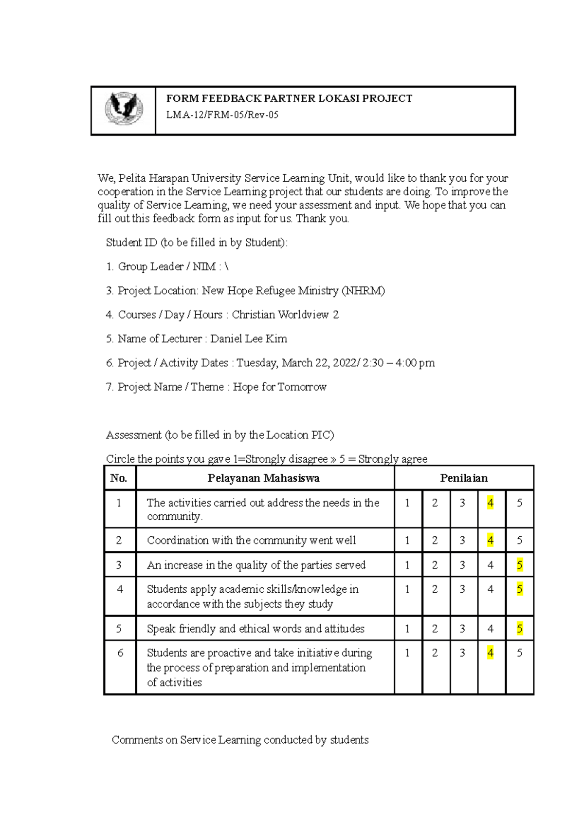FORM Feedback Partner Lokasi Project - FORM FEEDBACK PARTNER LOKASI ...