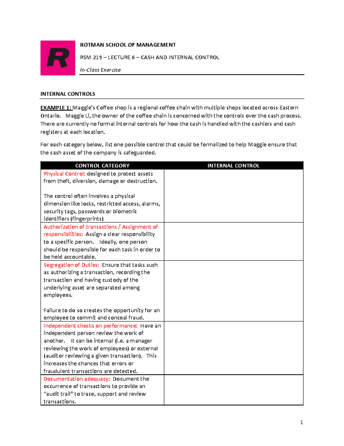 RSM 219 - Class 6 (CH4) Cash and Internal Control - Student Handout - 1 ROTMAN SCHOOL OF ...