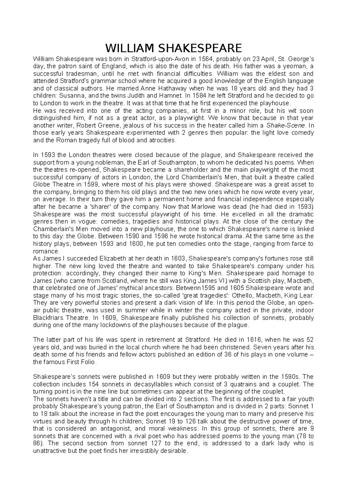 William Shakespeare - LECTURE NOTES - WILLIAM SHAKESPEARE William ...