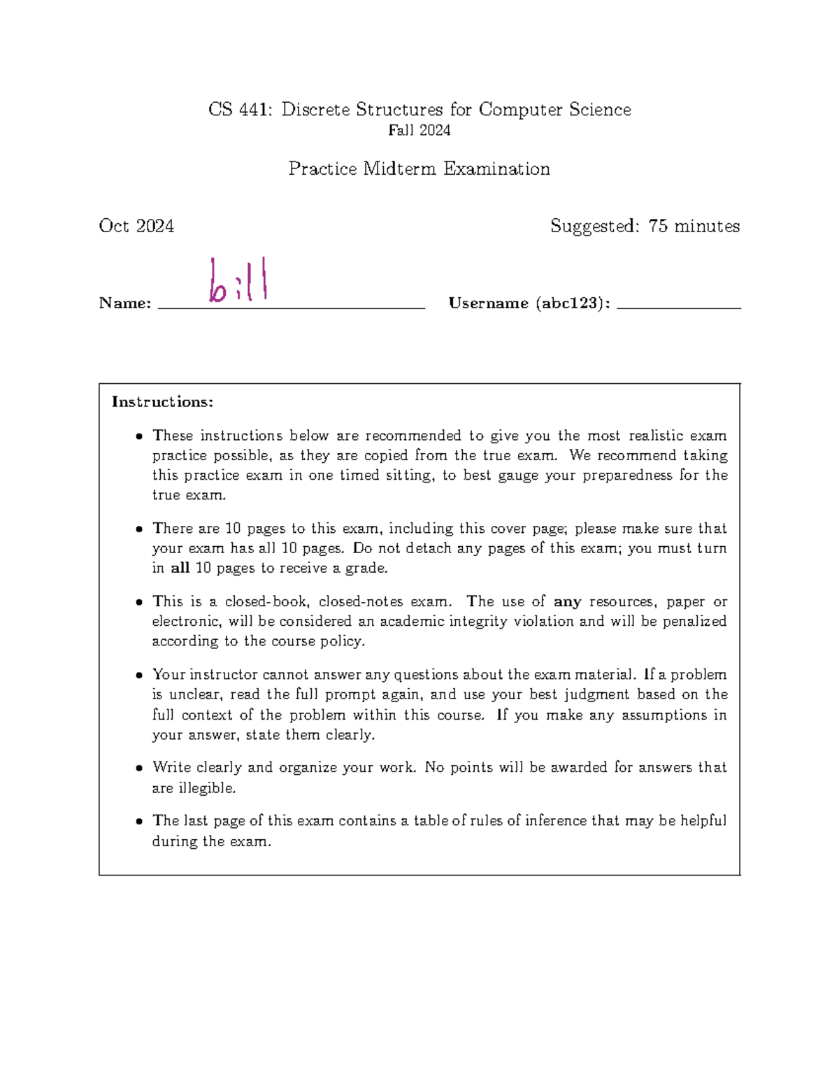Midterm Practice Soln Flat Cs 441 Discrete Structures For Computer Science Fall 2024 Practice
