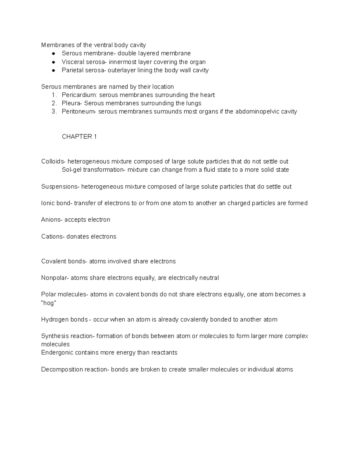 Anatomy Notes - Membranes of the ventral body cavity Serous membrane ...