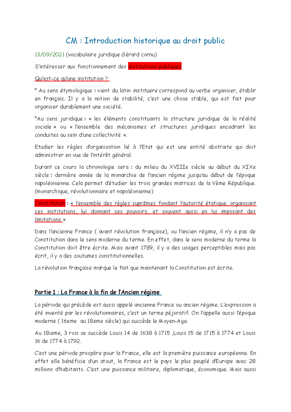 CM intro historique droit pbl - CM : Introduction historique au droit public 13/09/2021 ...