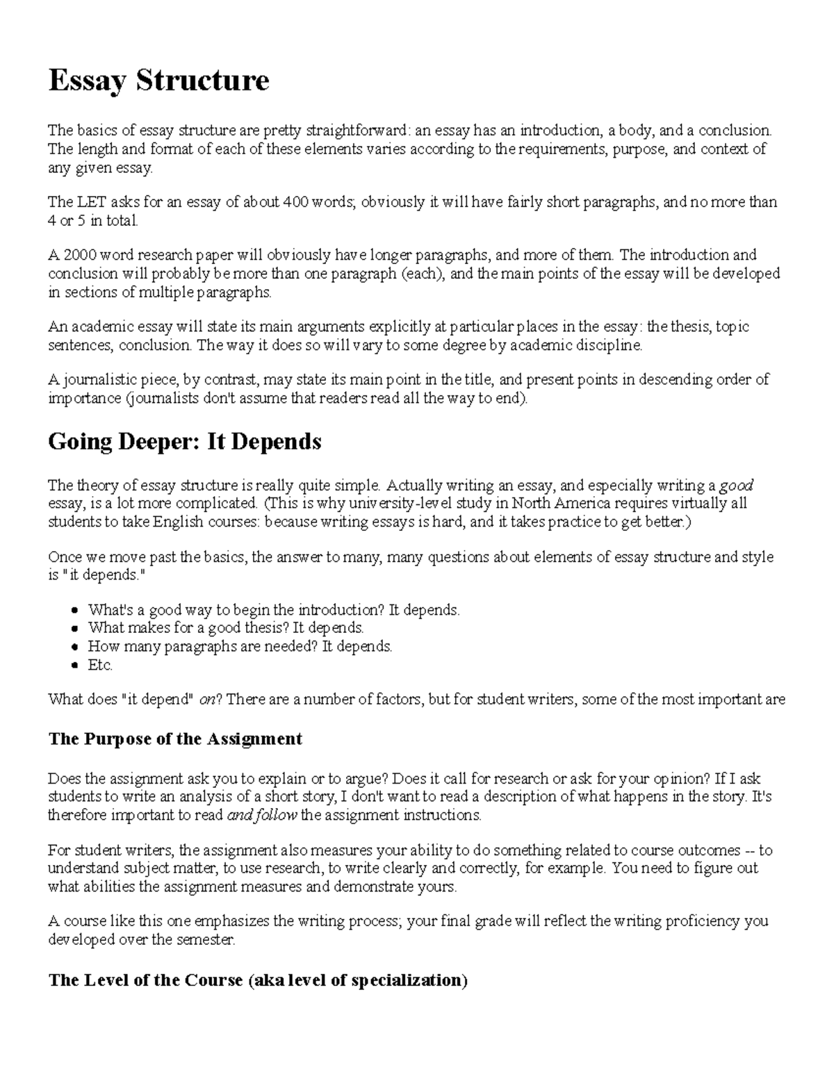 Essay Structure Going Deeper - Essay Structure The basics of essay ...