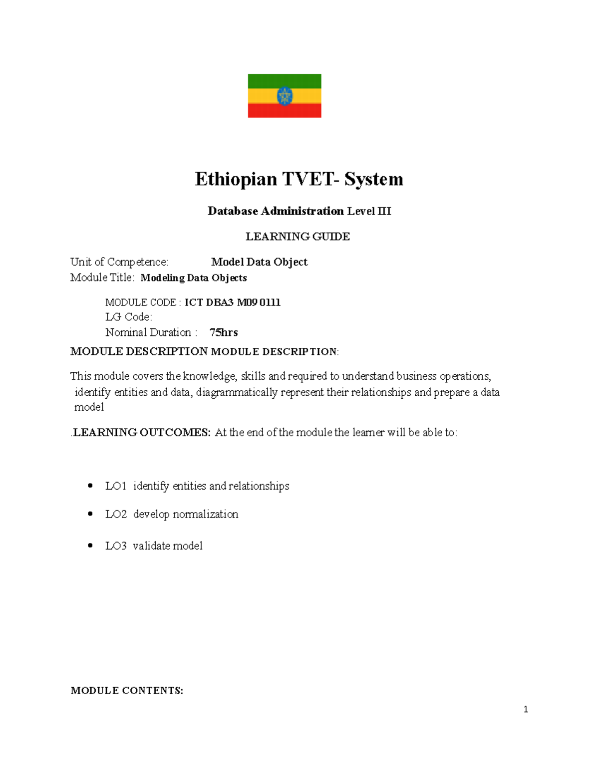 Information Sheet Model data object DB - Ethiopian TVET- System ...