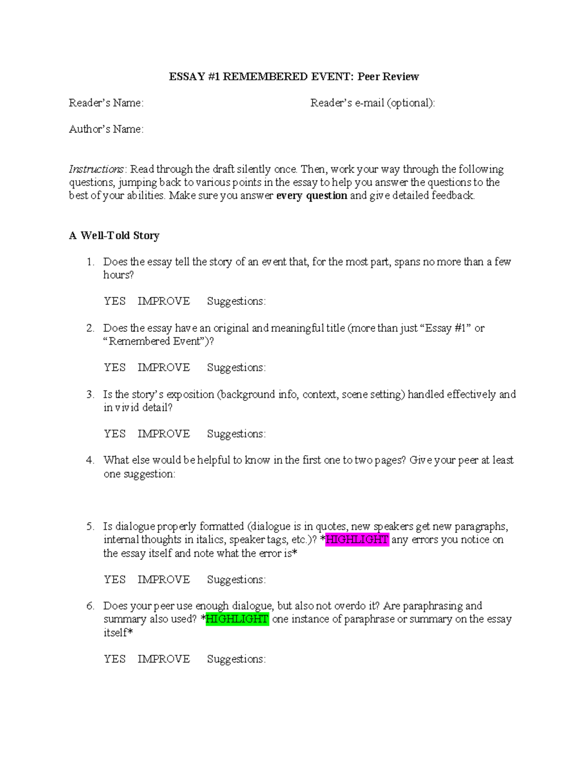 ENGL 1A S23 Remembered Event Peer Review PDF - ESSAY #1 REMEMBERED ...