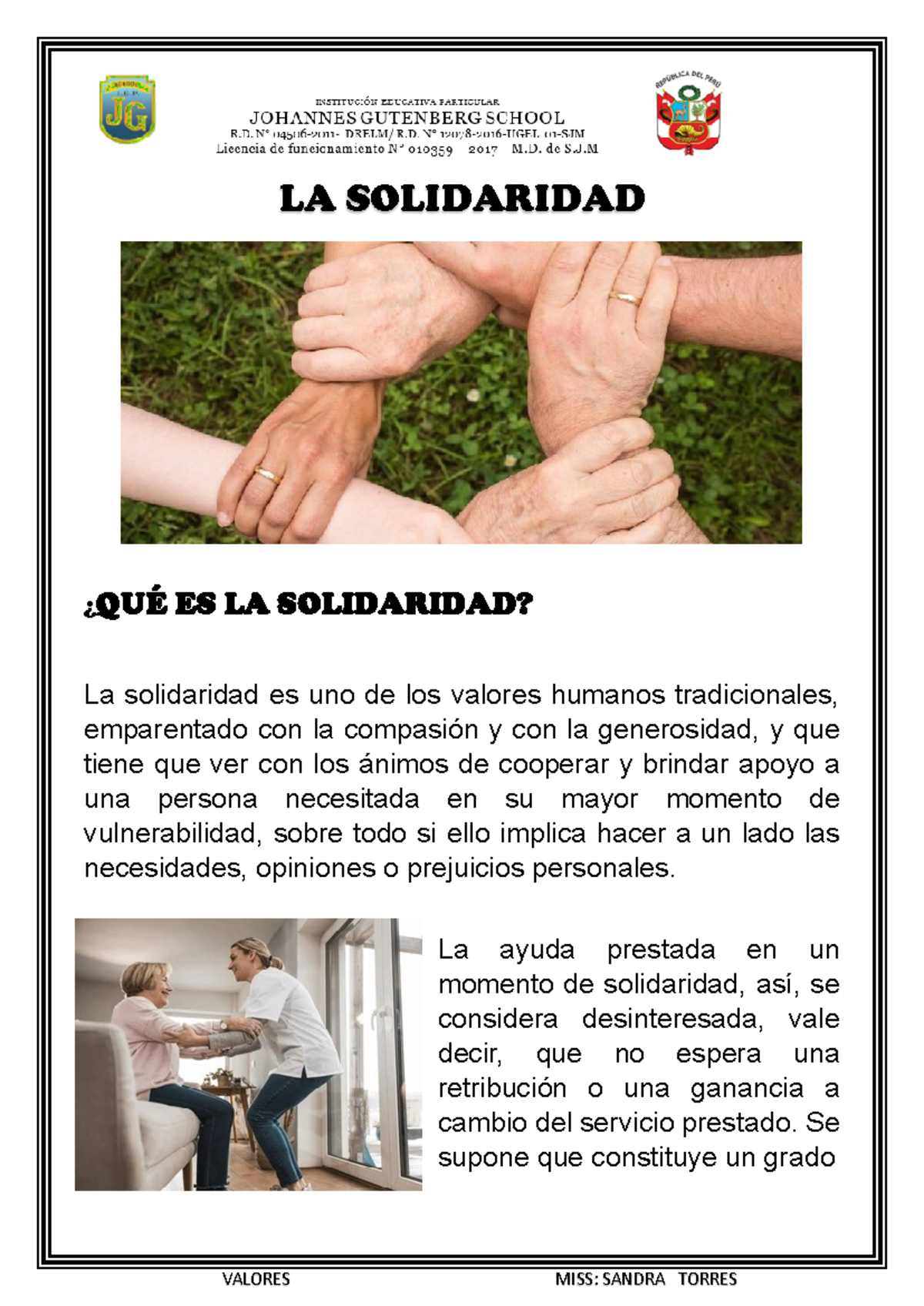 Valores - HOLA - VALORES MISS: SANDRA TORRES ¿QUÉ ES LA SOLIDARIDAD? La solidaridad es uno de ...