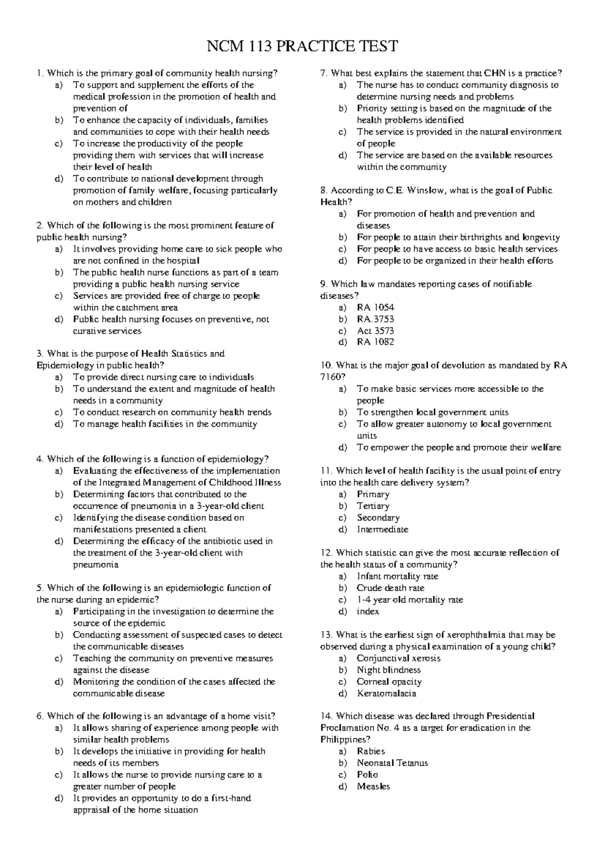 NCM 113 Practice TEST - NCM 113 PRACTICE TEST Which is the primary goal ...