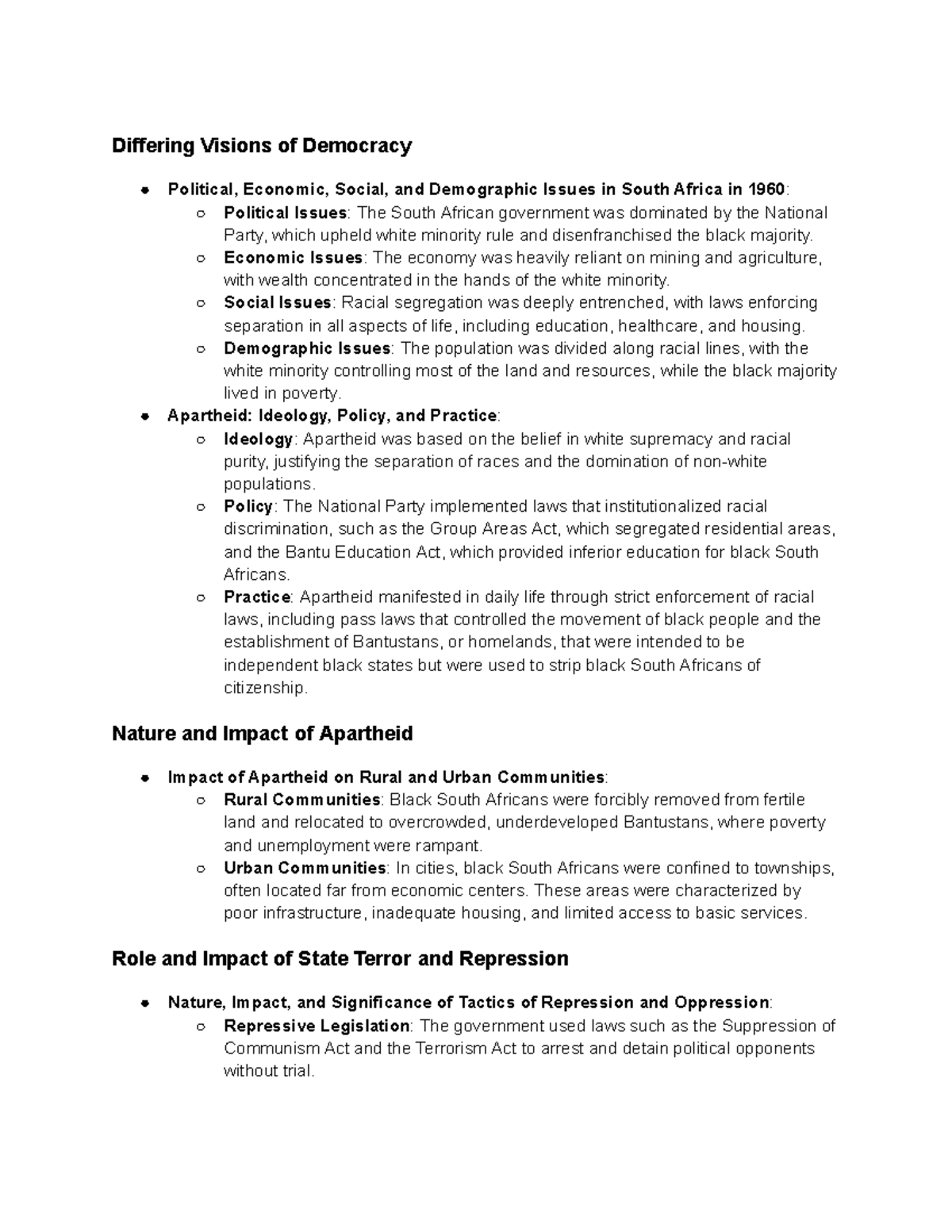 Apartheid notes - Differing Visions of Democracy Political, Economic ...